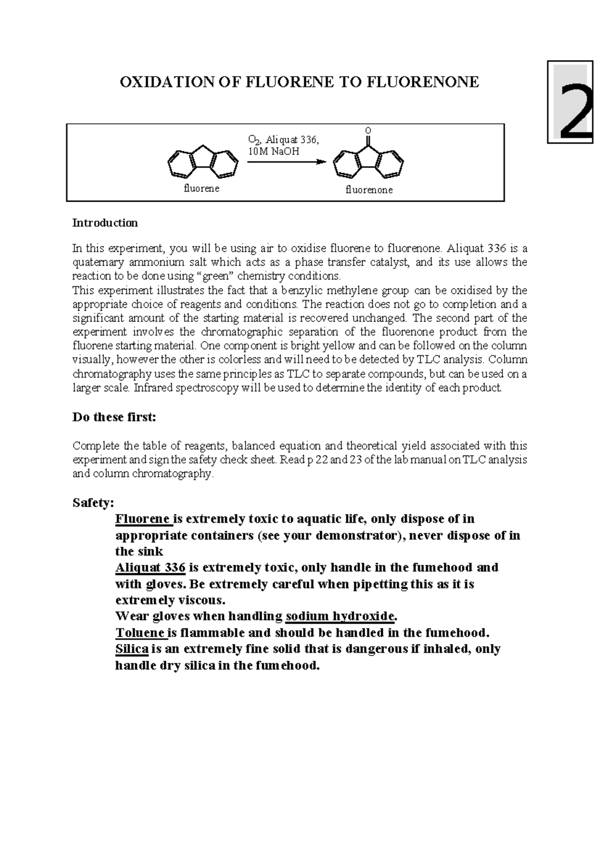 Chem 253 Lab experiment 2 2024 - OXIDATION OF FLUORENE TO FLUORENONE ...