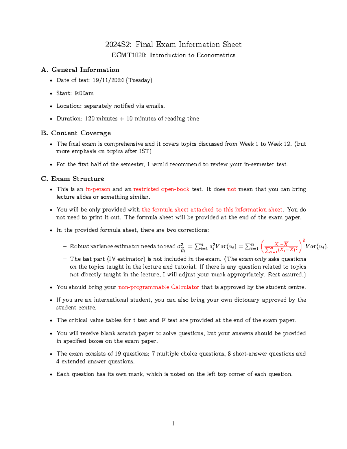 2024S2 ECMT1020 Final Information Sheet - 2024S2: Final Exam Information Sheet ECMT1020: - Studocu