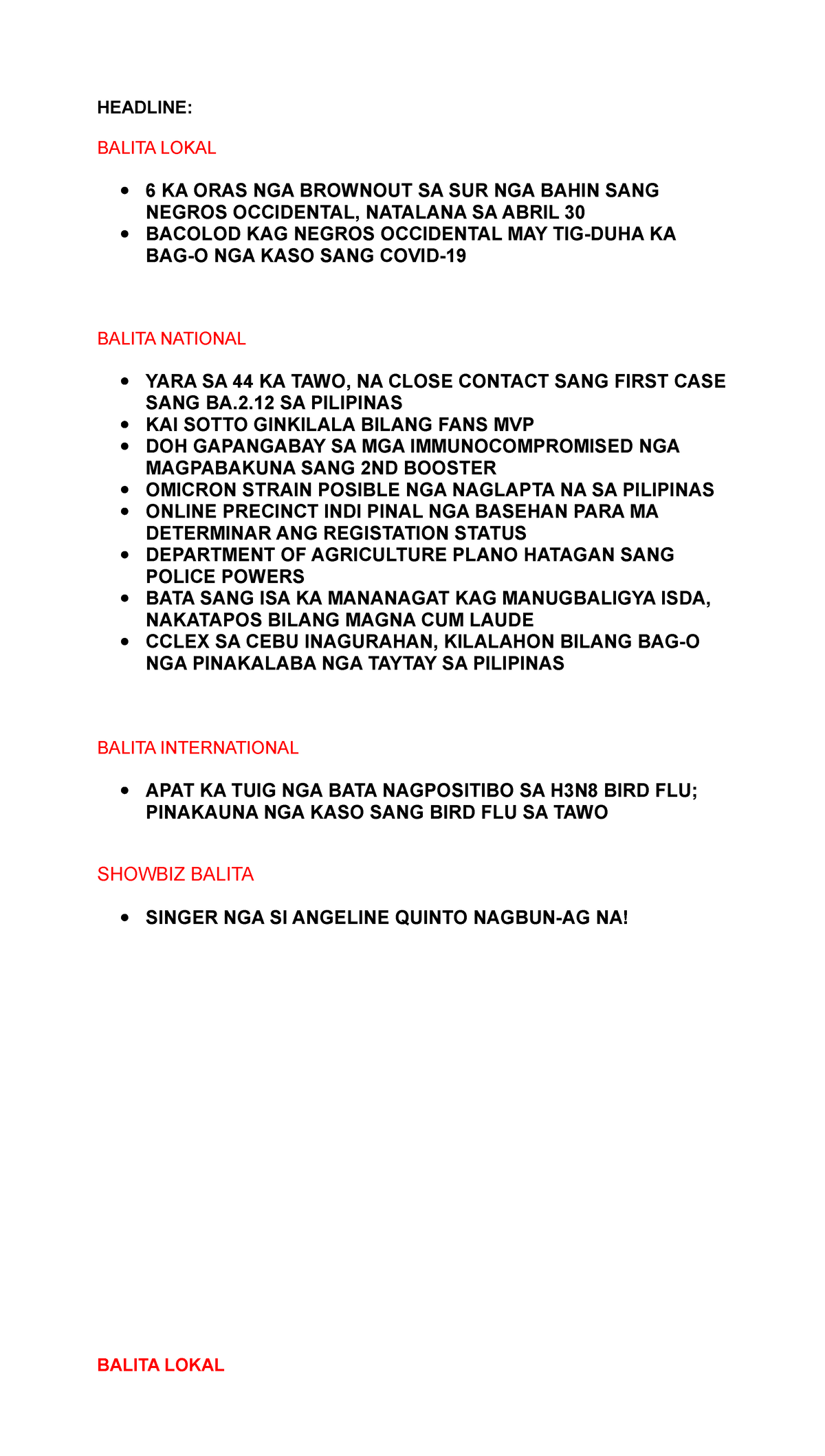Balita-NOW thurs - fil - HEADLINE: BALITA LOKAL 6 KA ORAS NGA BROWNOUT ...
