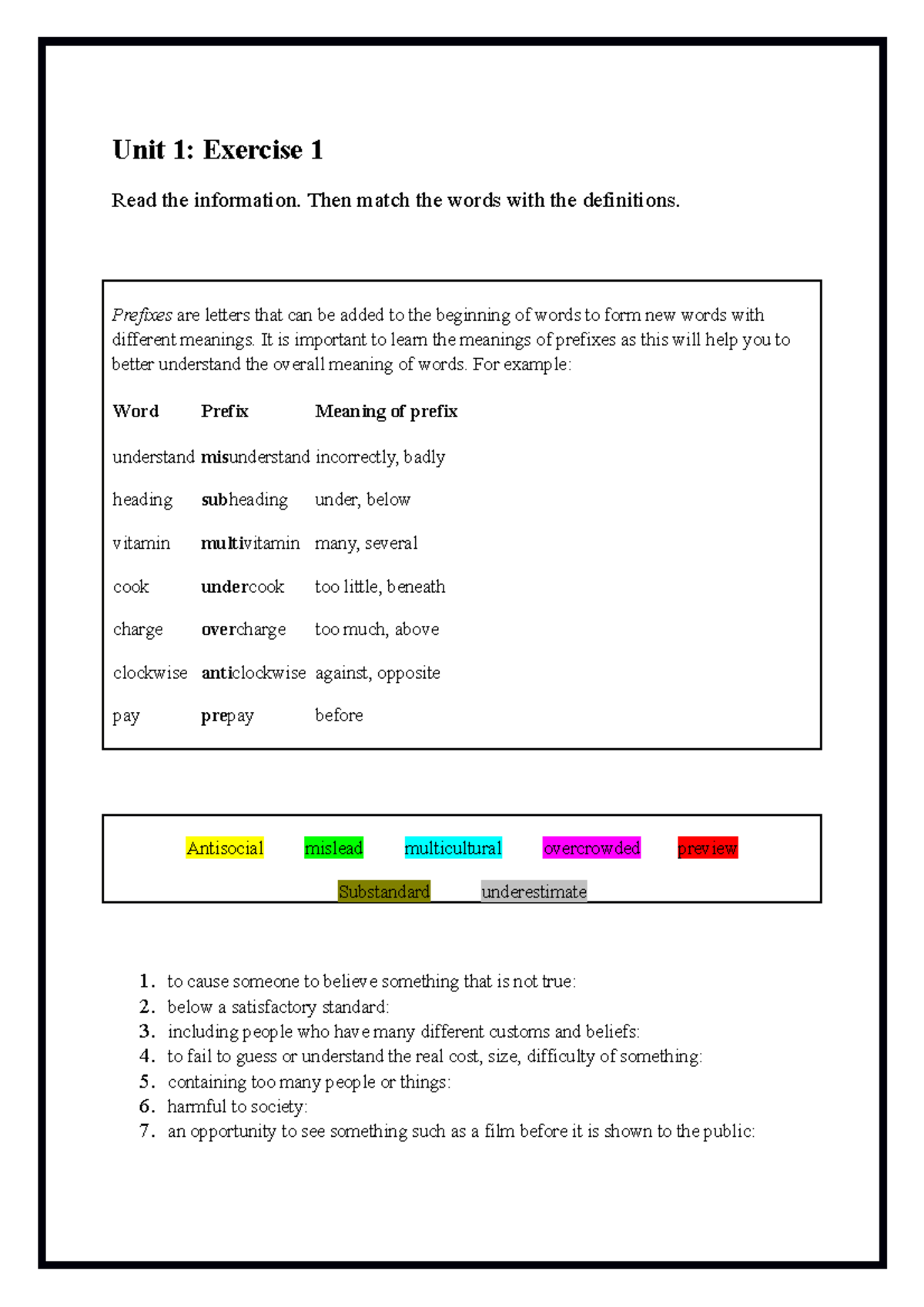 Unit 1 - Grammar Vocabulary - Unit 1: Exercise 1 Read the information ...