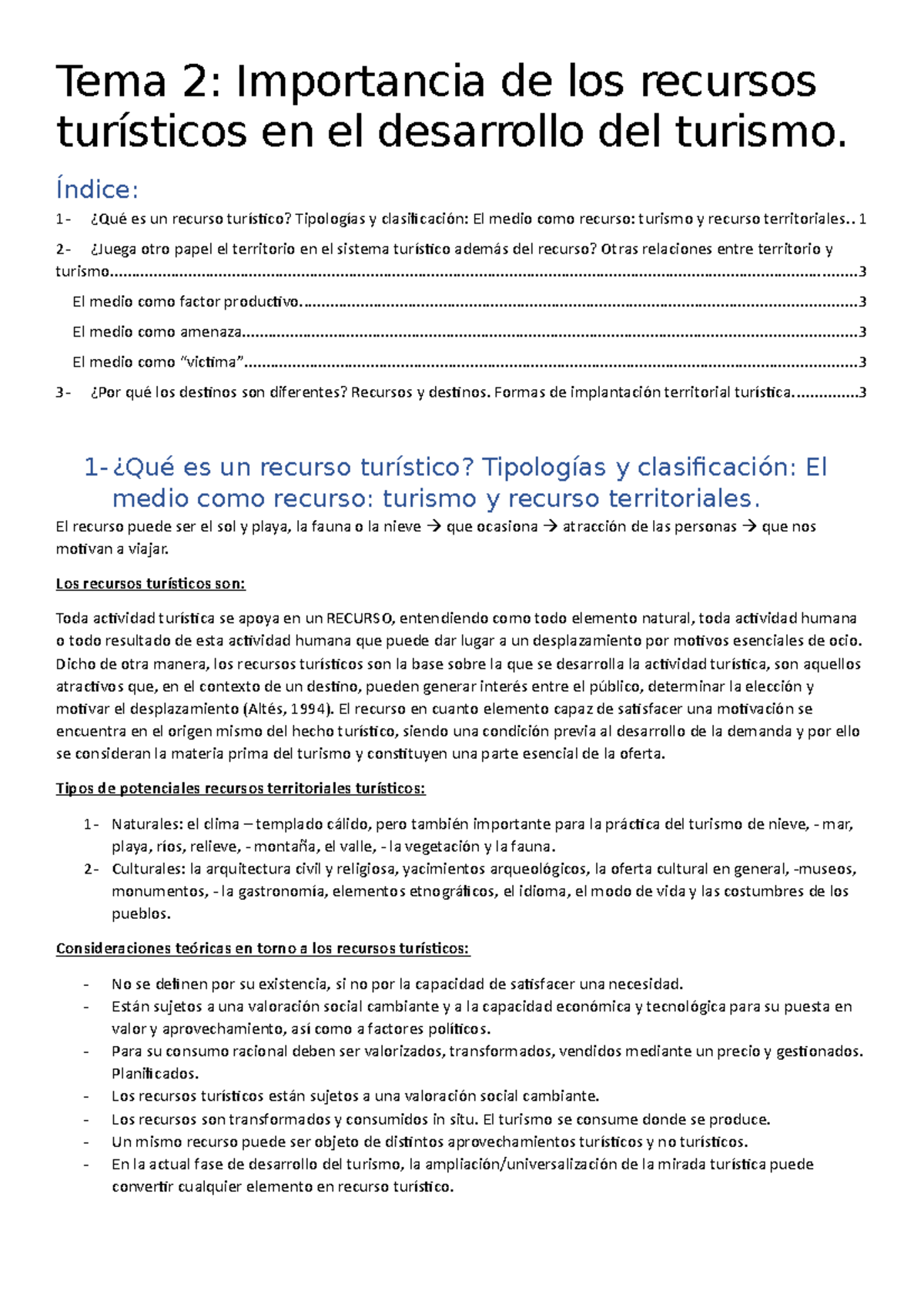 Tema 2 - Resumen - Tema 2: Importancia de los recursos turísticos en el ...