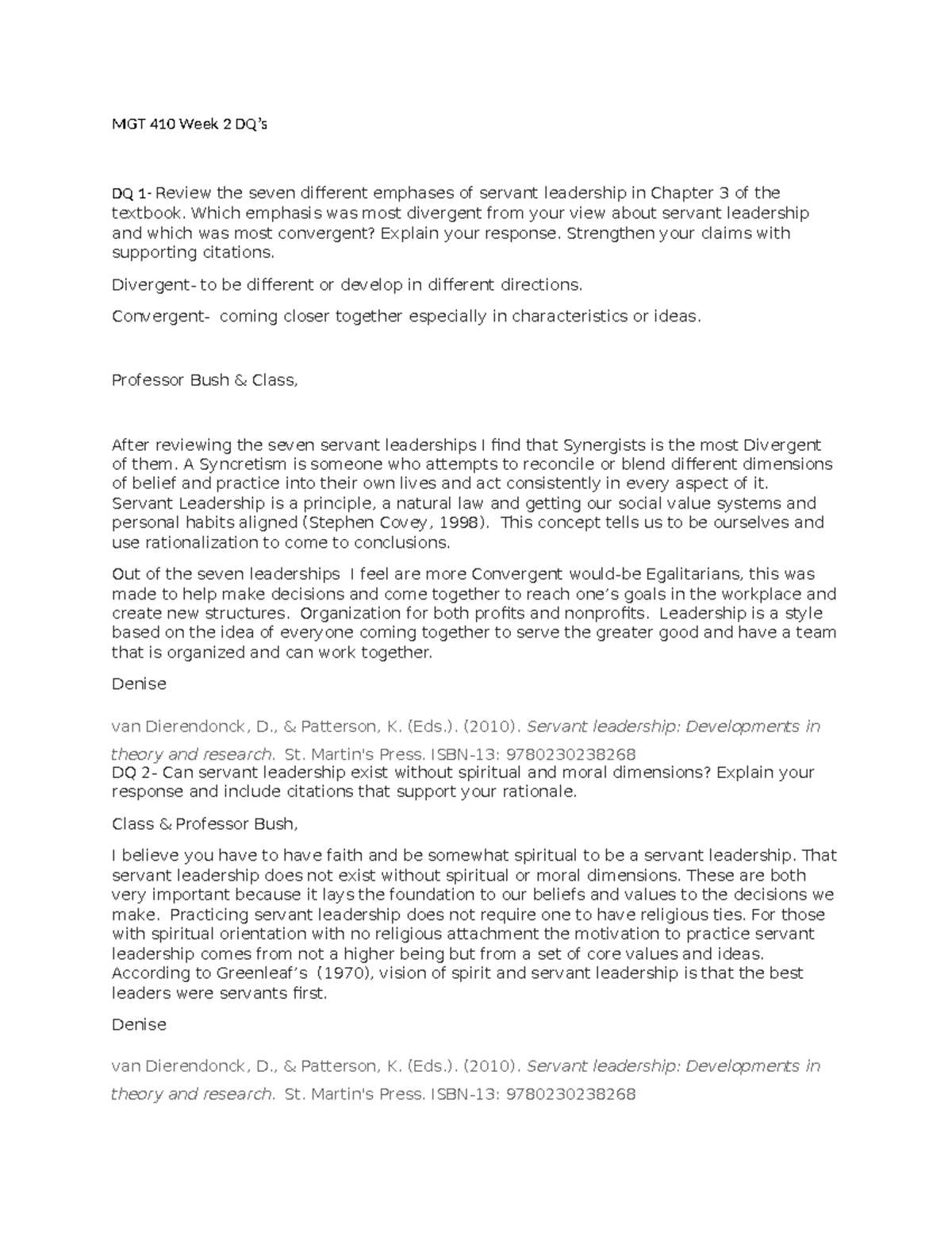 MGT 410 Week 2 DQs - Assignment - MGT 410 Week 2 DQ’s DQ 1- Review the ...