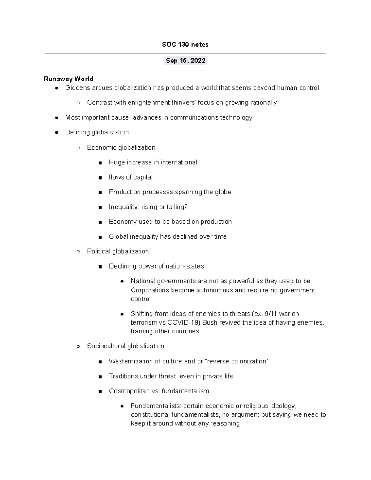 SOC 130 notes 9 15 - SOC 130 notes Sep 15, 2022 Runaway World Giddens ...