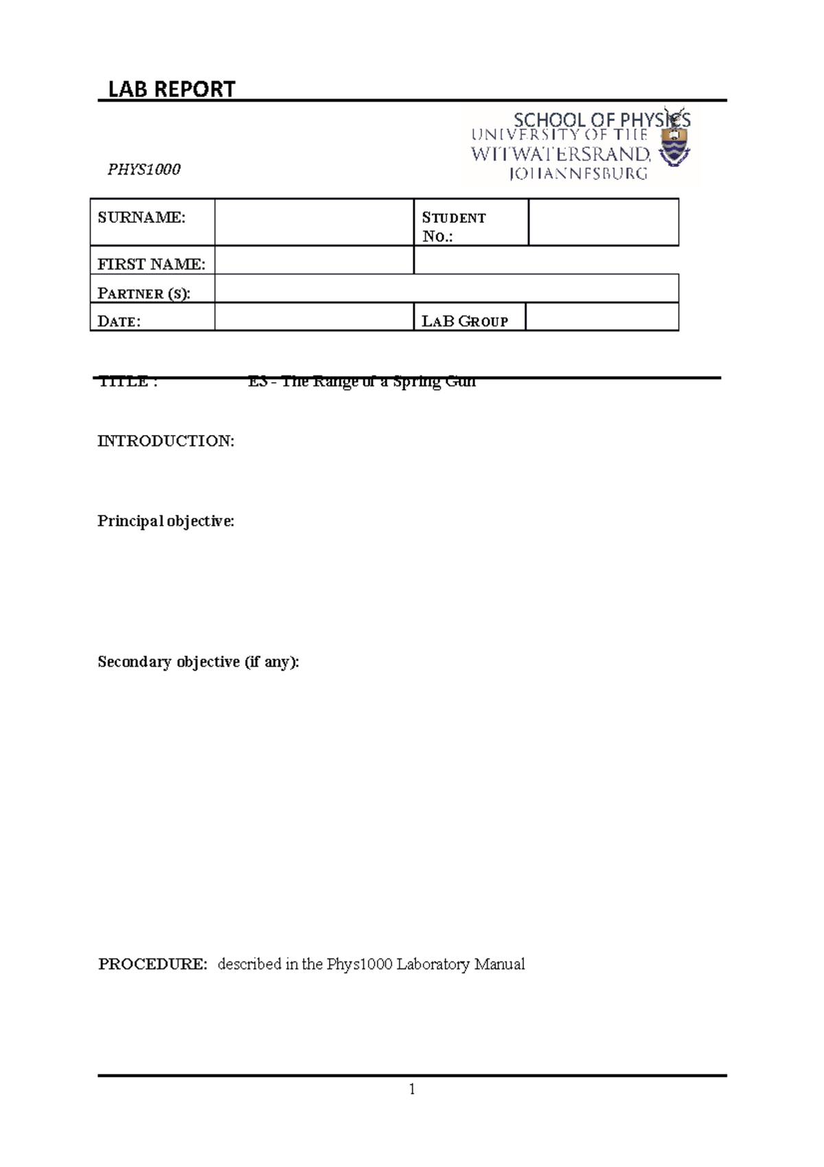 EXP03 - Spring Gun - Lab Report Template - LAB REPORT SCHOOL OF PHYSICS ...