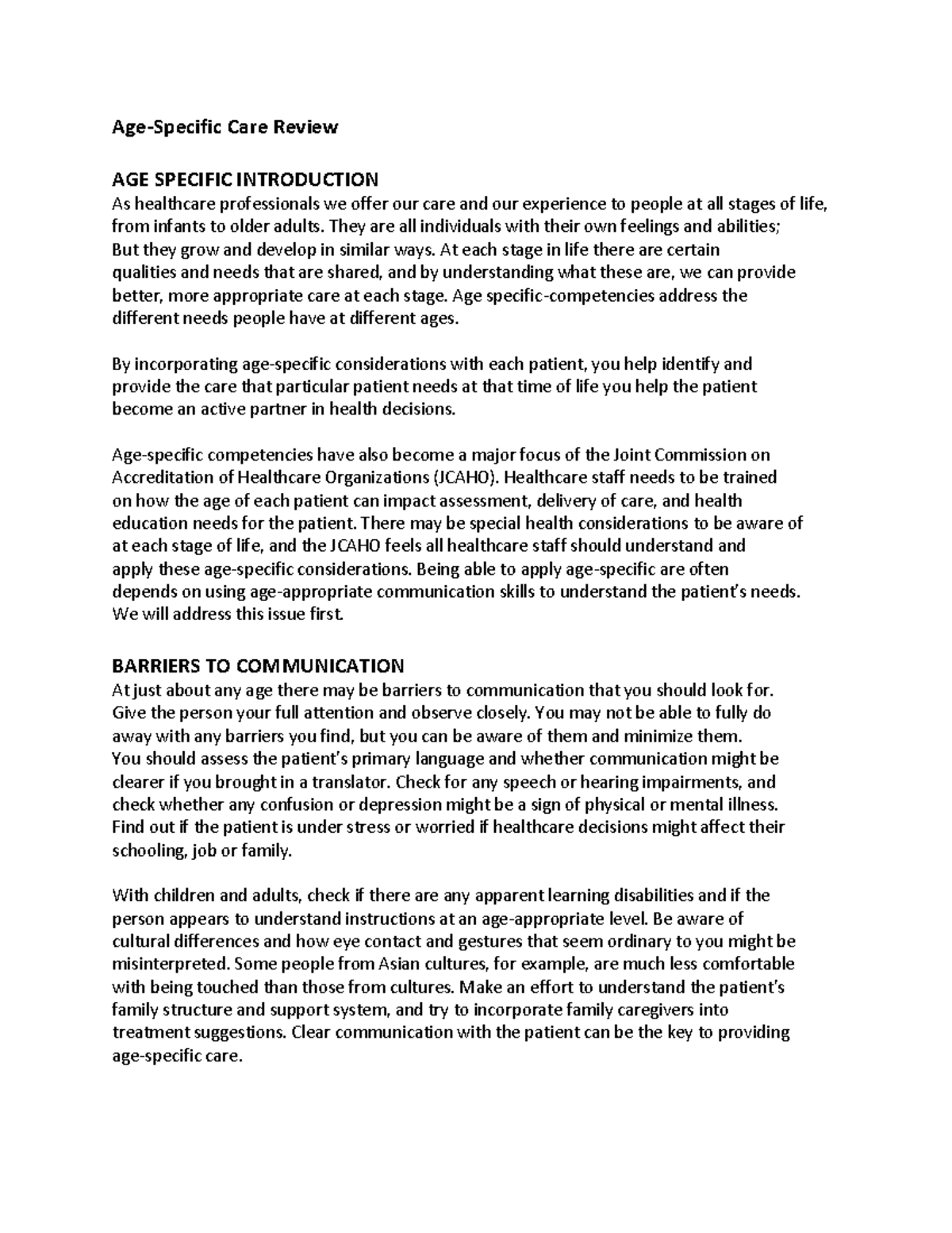 Age specific care FPCC - identifies what type of nursing care is needed ...