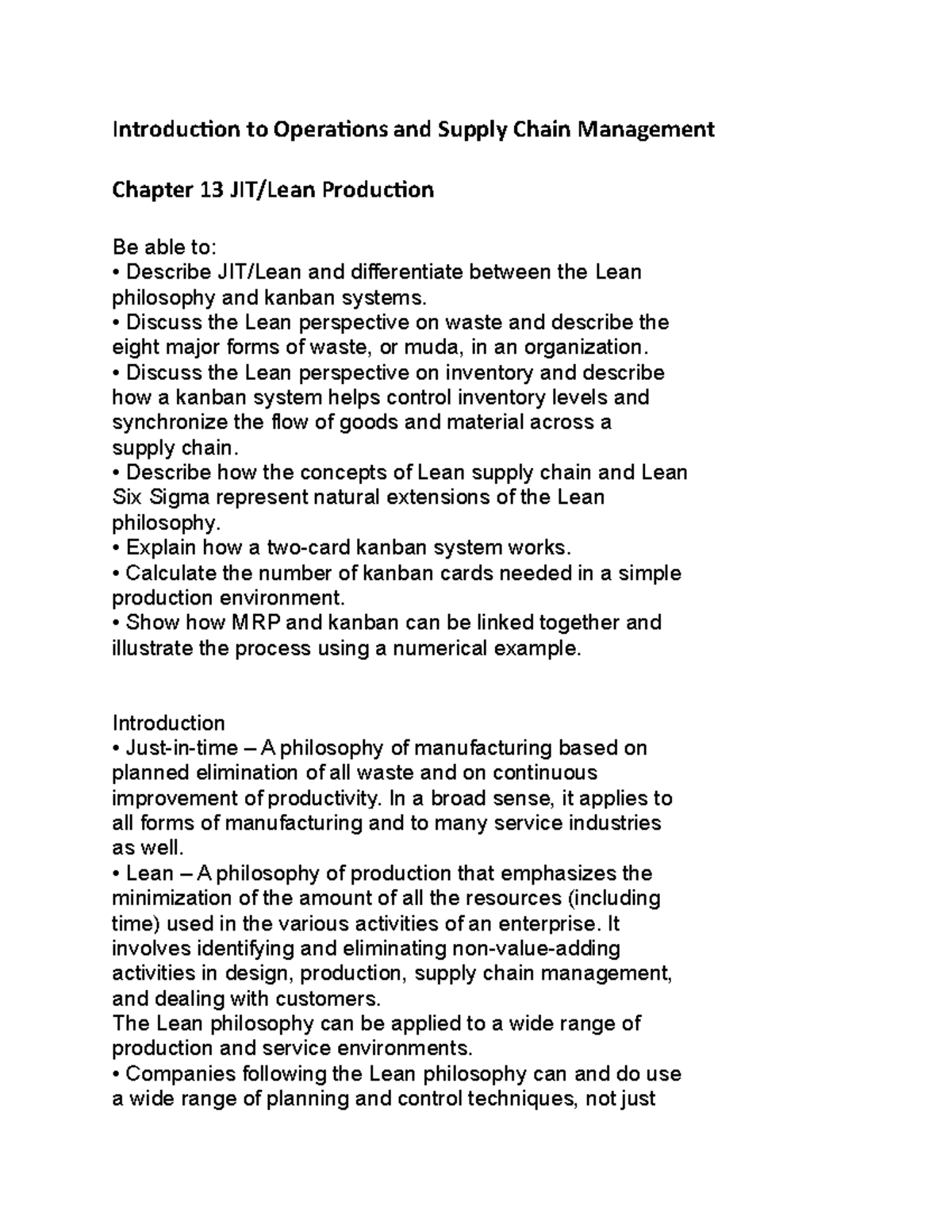 Chapter 13 JIT:Lean Production - Introduction to Operations and Supply ...