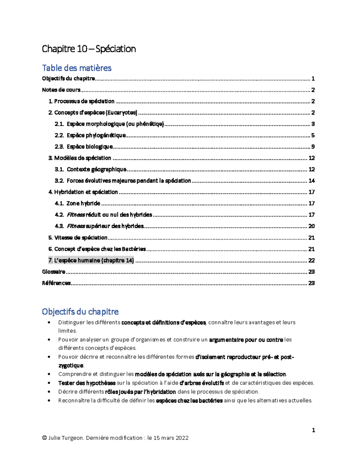 BIO-1007 Chap10 Spéciation 2022 - 1 Chapitre 10 – Spéciation Table des ...