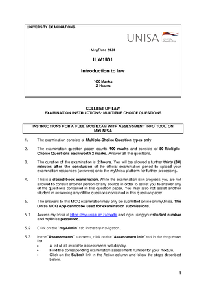 ILW1501 Chapter 1 MCQ For Examinations - I LW 1 5 0 1 C h a p t e r 1 M ...