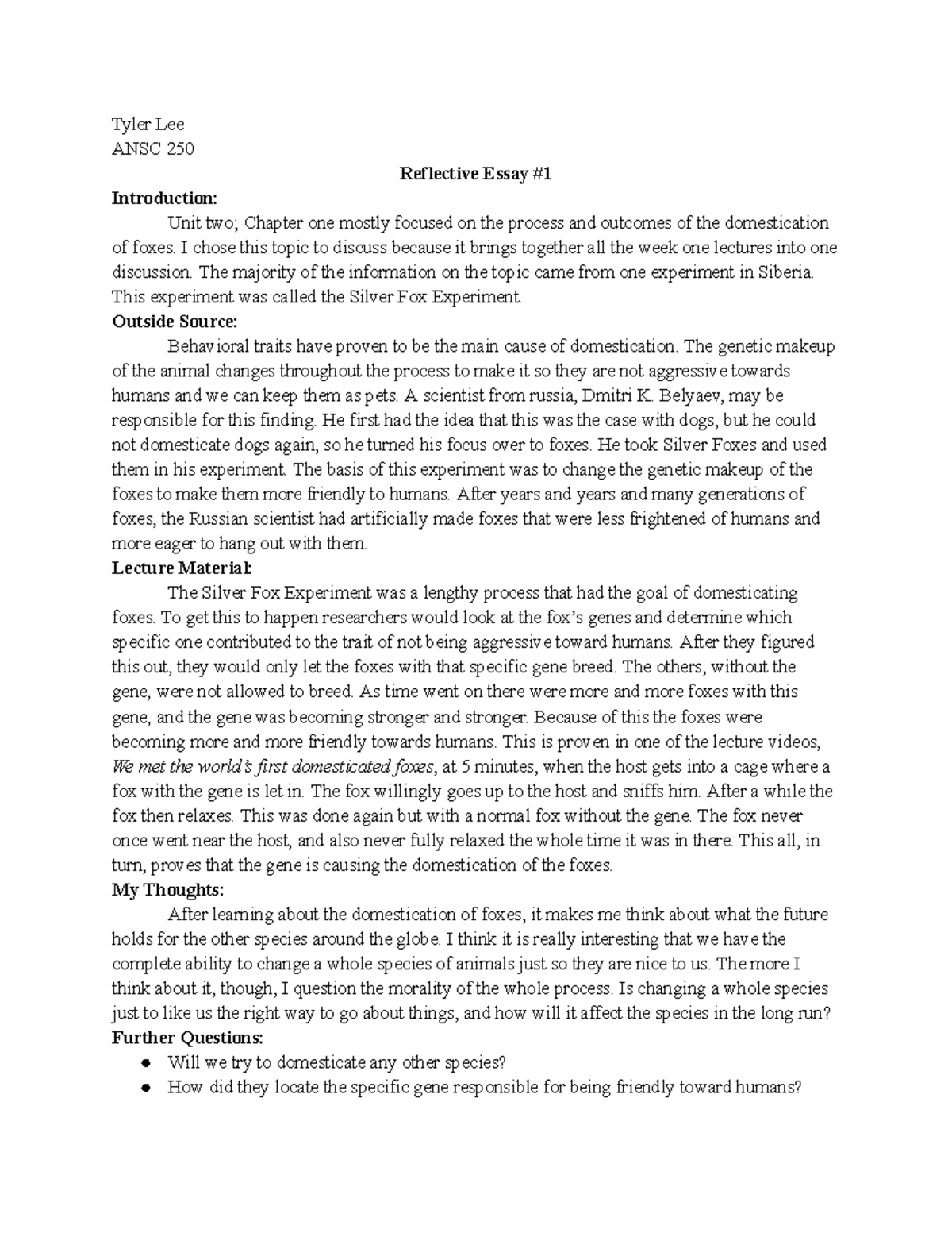ANSC 250 - Reflective Essay #1-2 - Tyler Lee ANSC 250 Reflective Essay ...