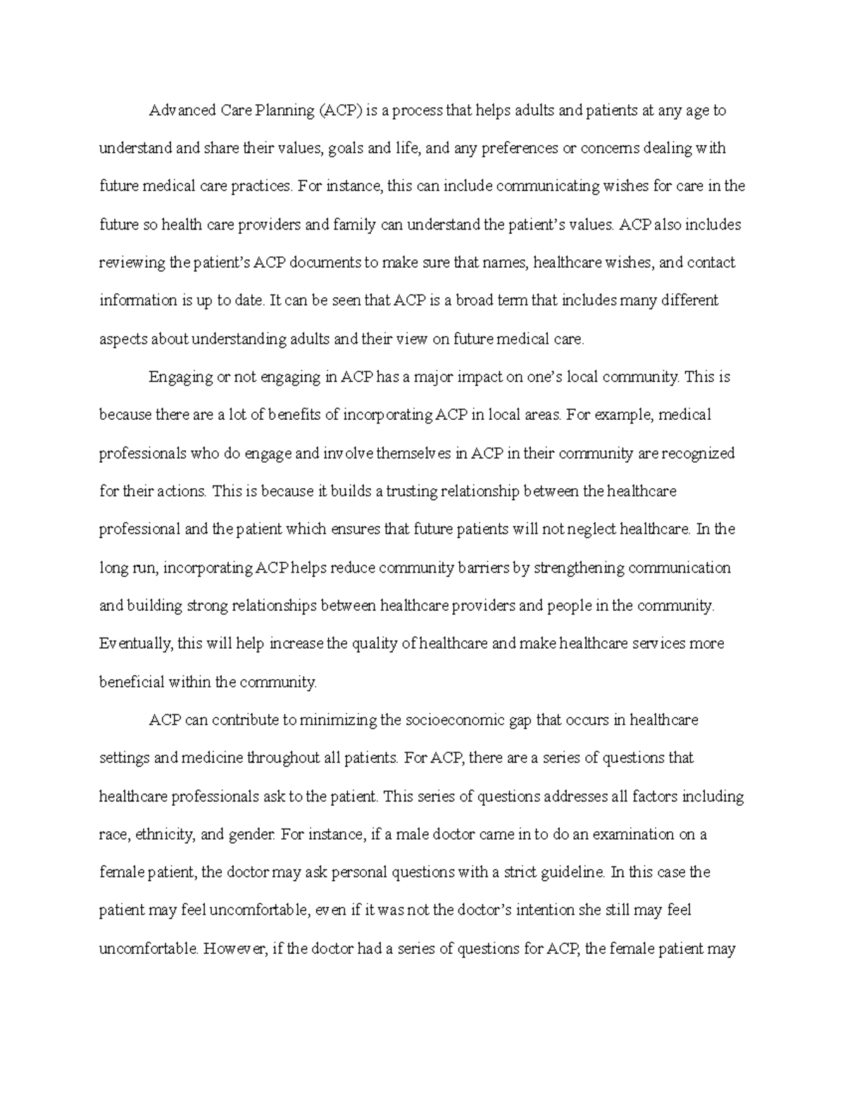 Acp outline - notes - Advanced Care Planning (ACP) is a process that ...