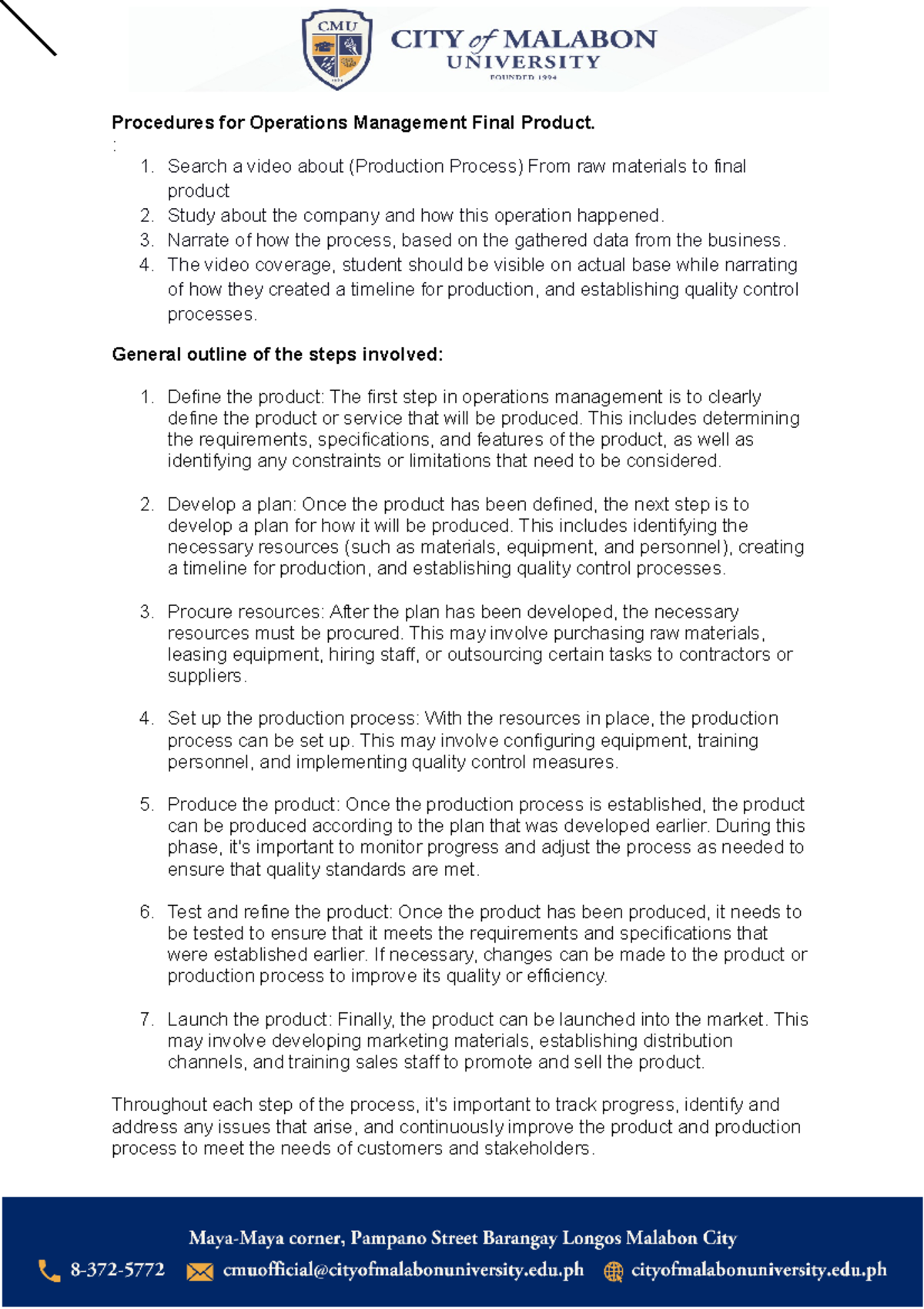 Operation Management Final Product Procedures - Procedures for ...