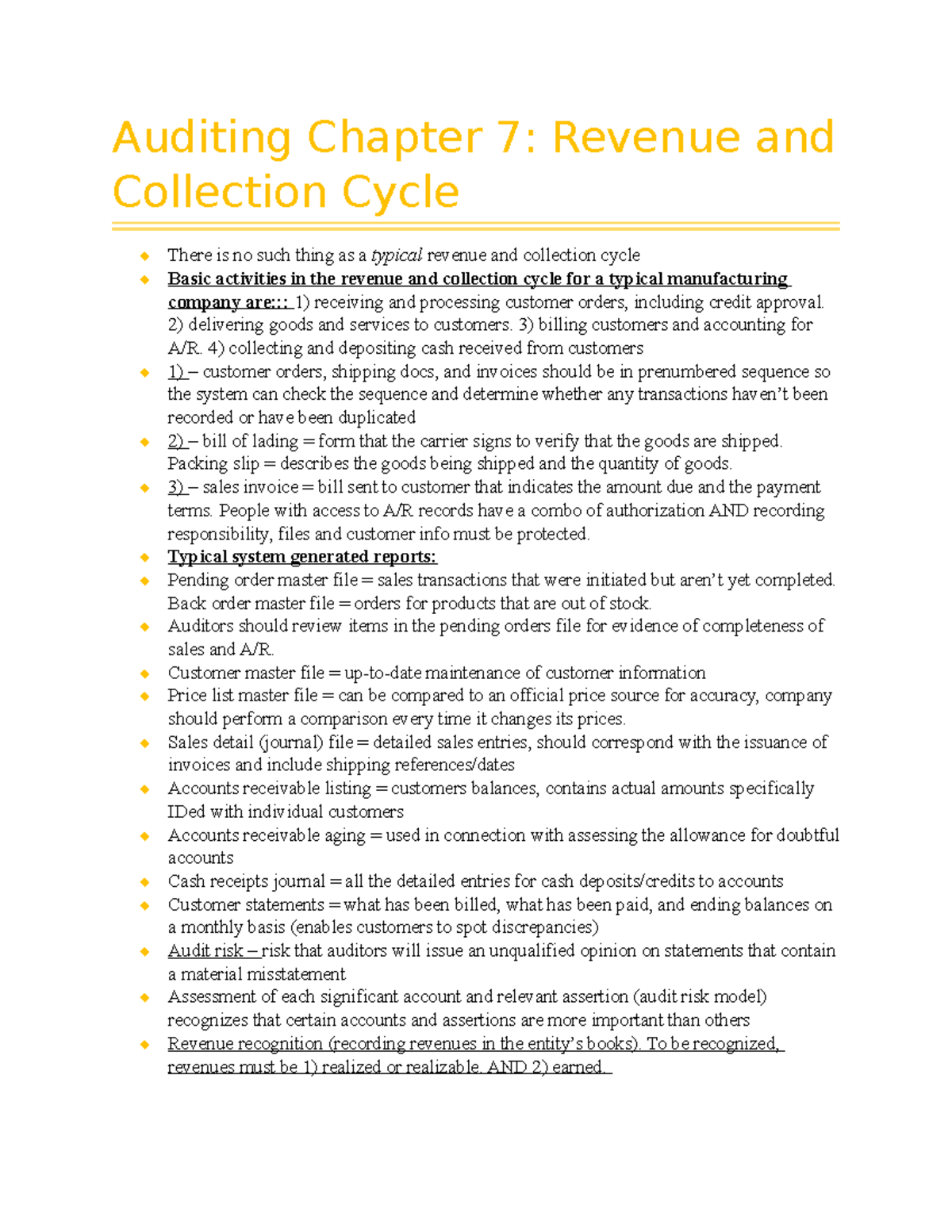 Chapter 7 revenue and collection cycle - Auditing Chapter 7: Revenue ...