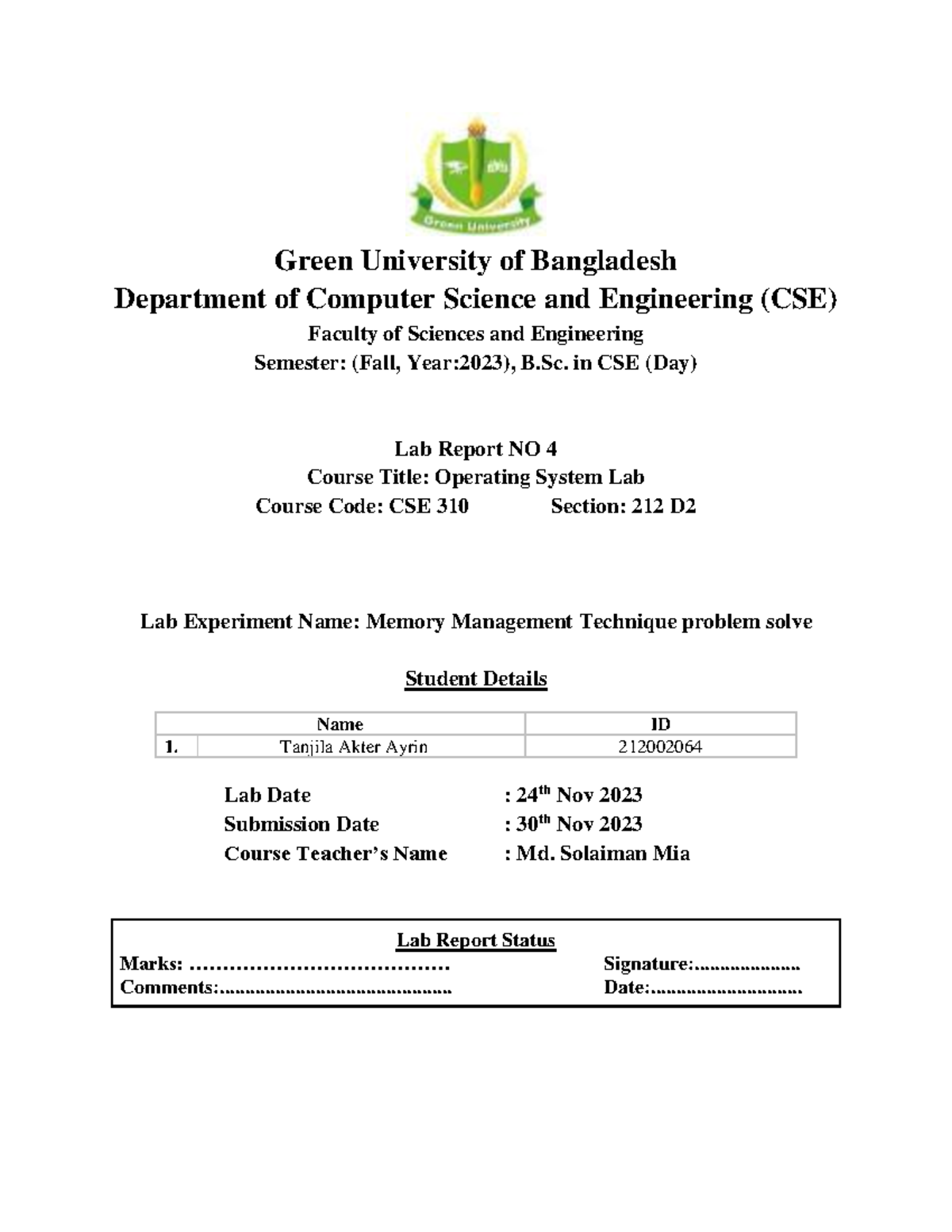 212002 064 ayrin os lab report 4 - Green University of Bangladesh ...