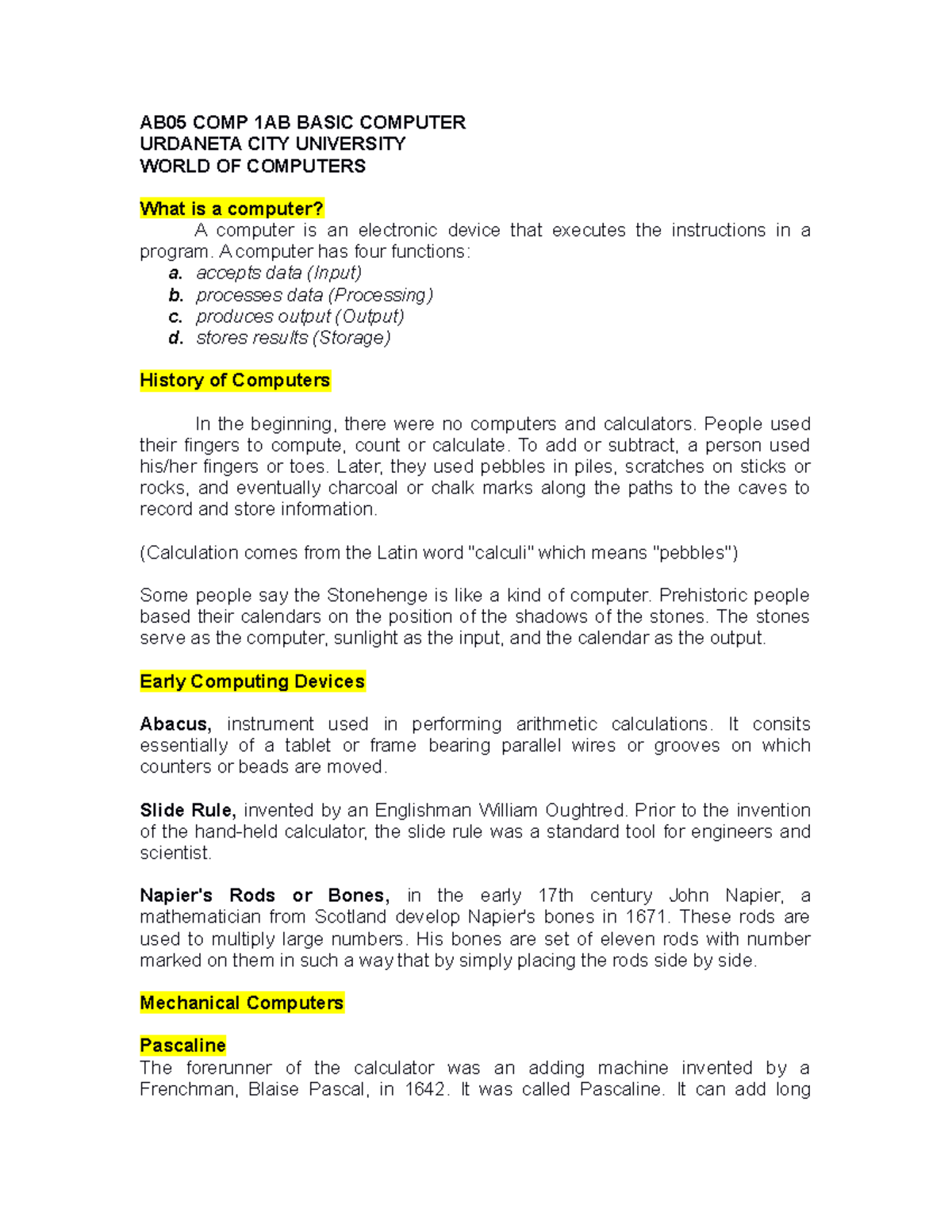 World OF Computers ( History) - AB05 COMP 1AB BASIC COMPUTER URDANETA ...