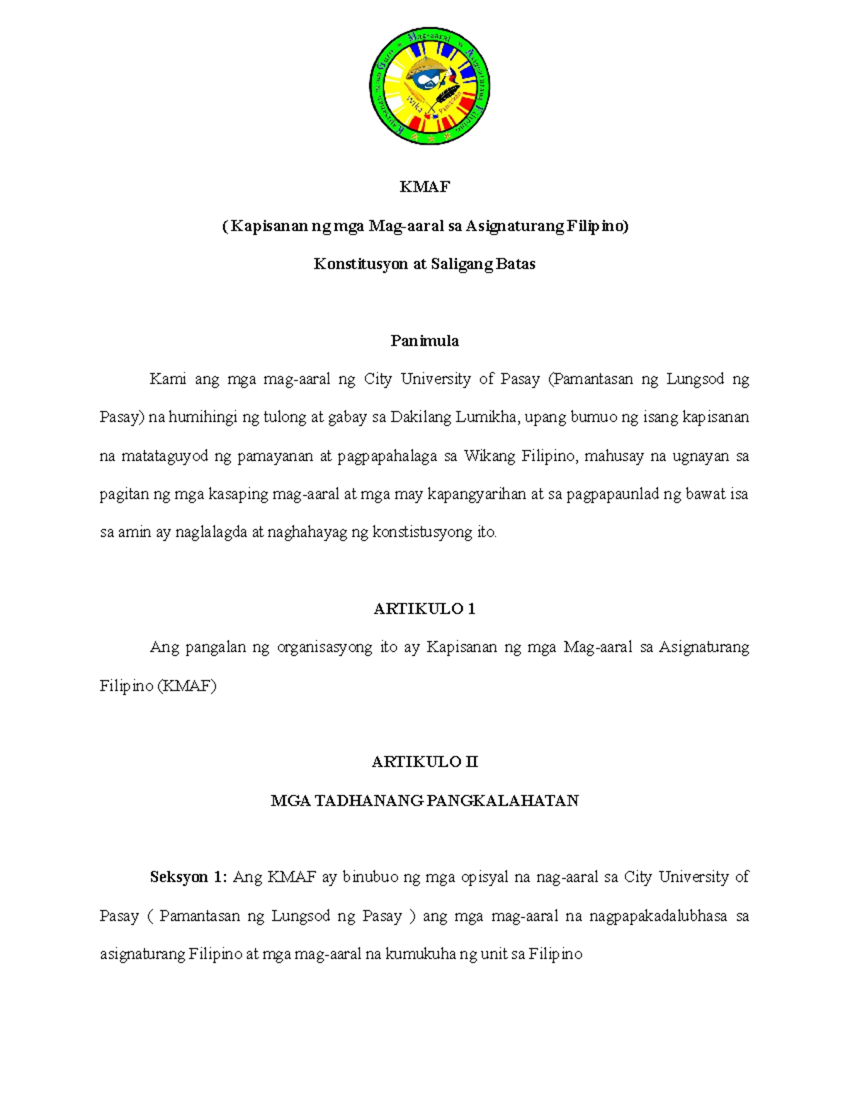 BY-LAWS KMAF - organization - KMAF ( Kapisanan ng mga Mag-aaral sa Asignaturang Filipino) - Studocu