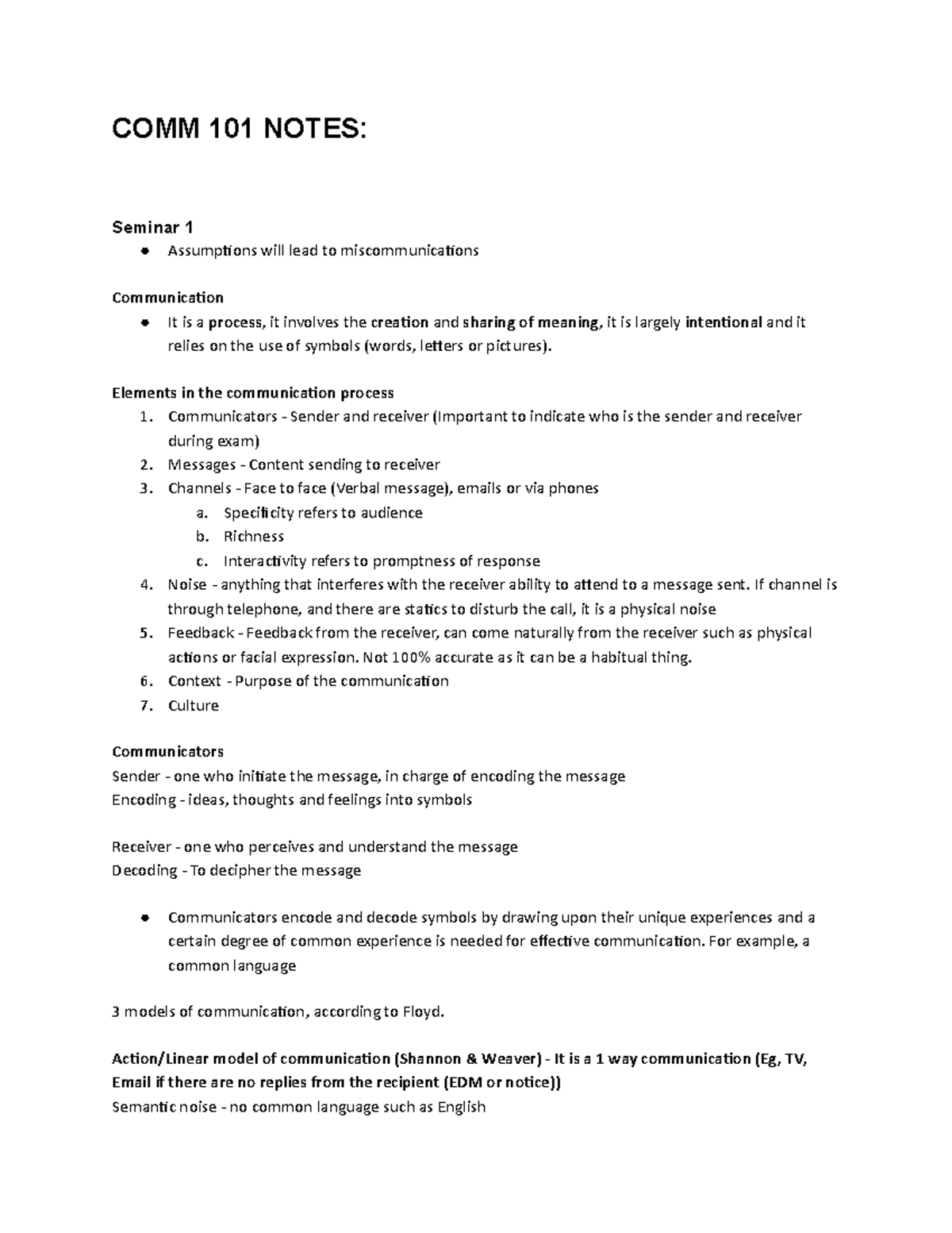 Comm 101 Notes - COMM 101 NOTES: Seminar 1 Assumptions will lead to ...