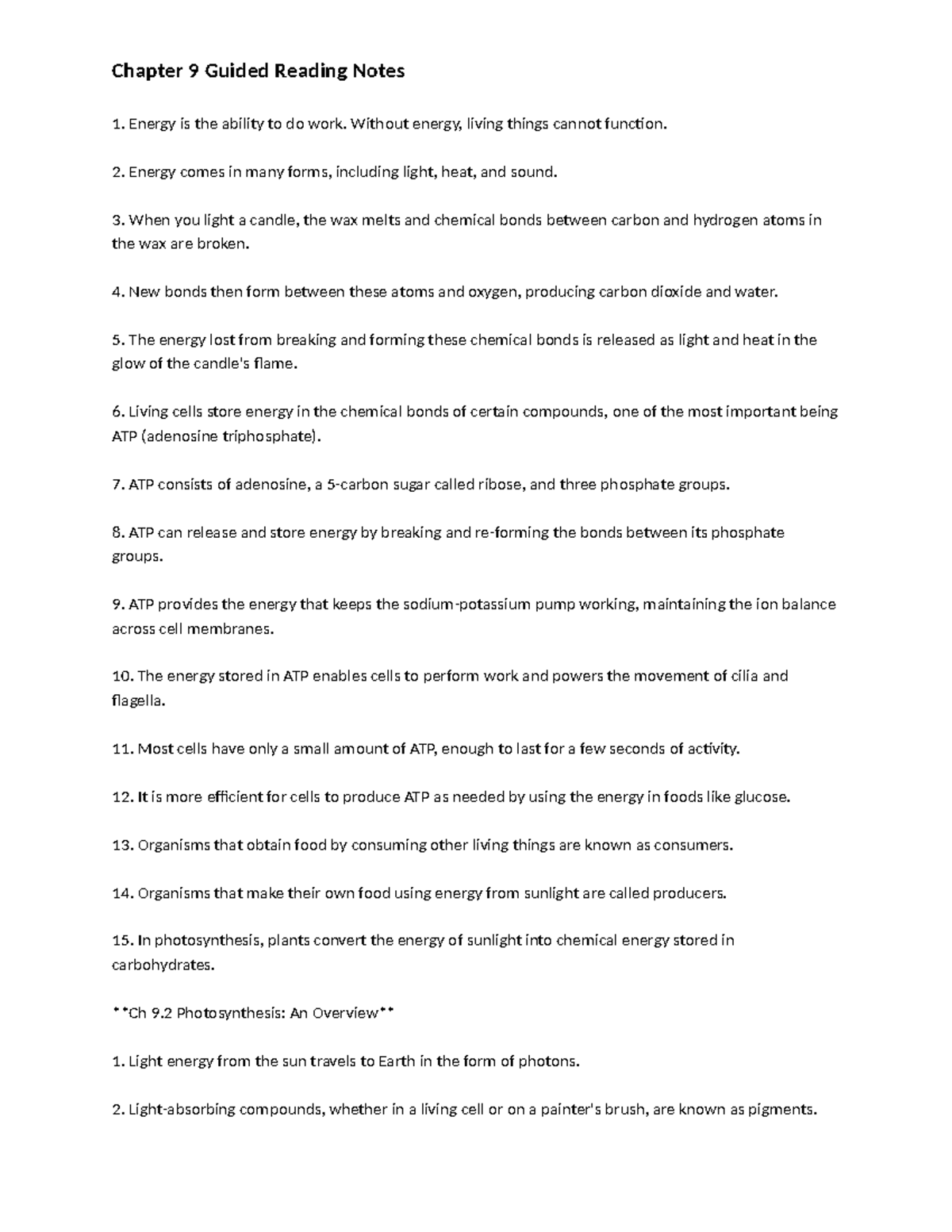 Ch 9 Guided Reading Notes - Chapter 9 Guided Reading Notes 1. Energy is ...