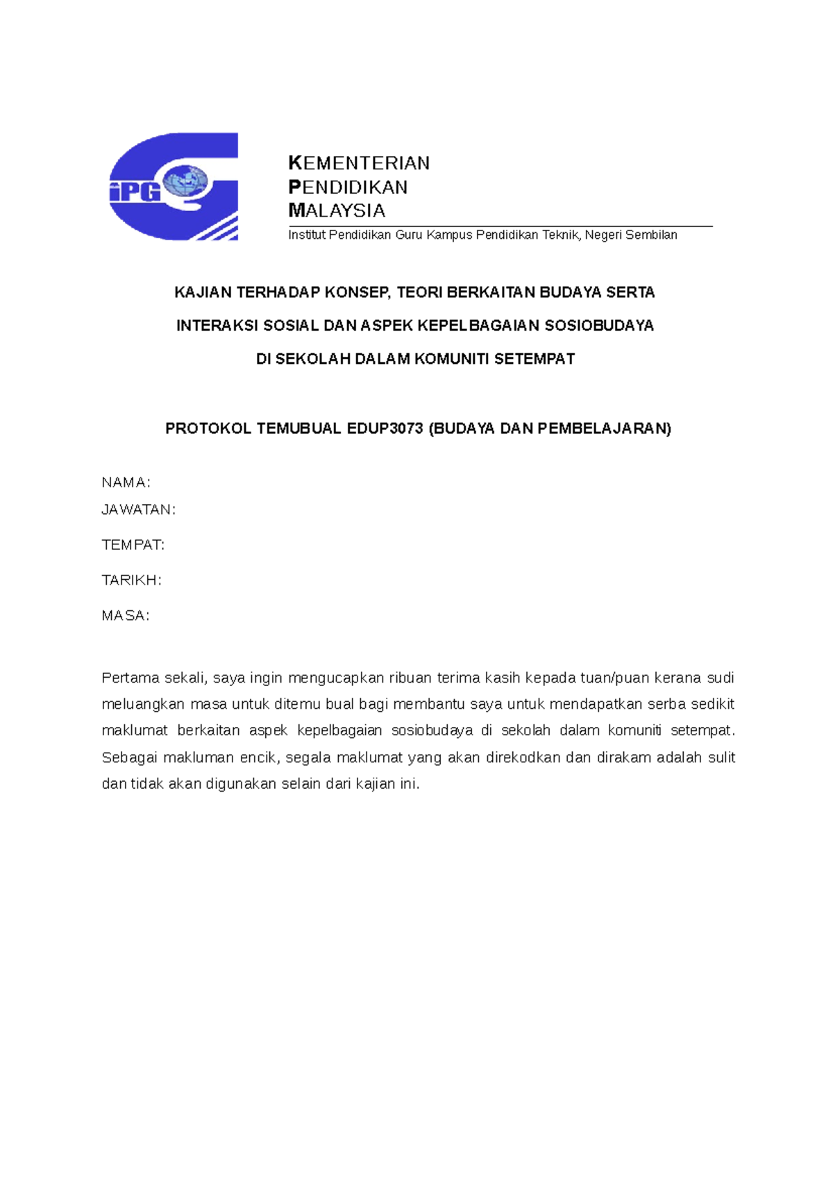 Protokol Temu Bual EDUP3073- Budaya dan Pembelajaran - KEMENTERIAN ...