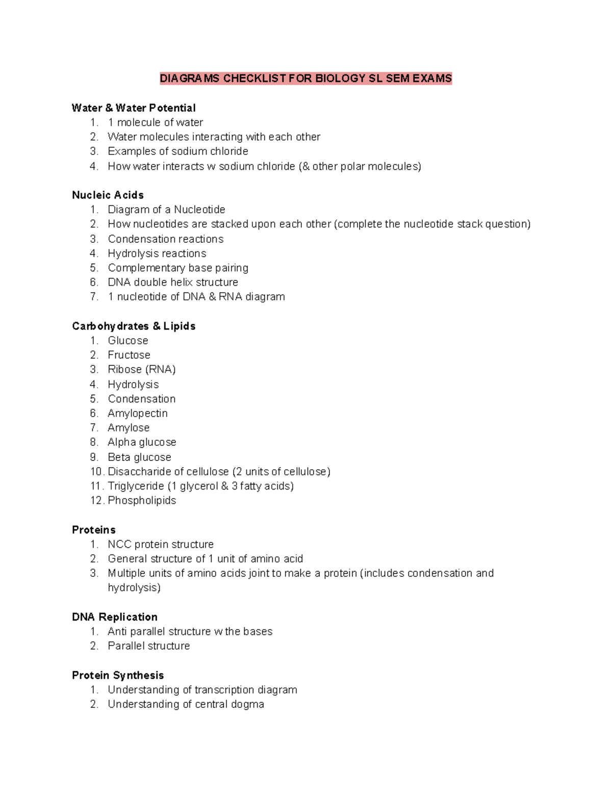 Bio SL Diagrams Checklist - DIAGRAMS CHECKLIST FOR BIOLOGY SL SEM EXAMS ...