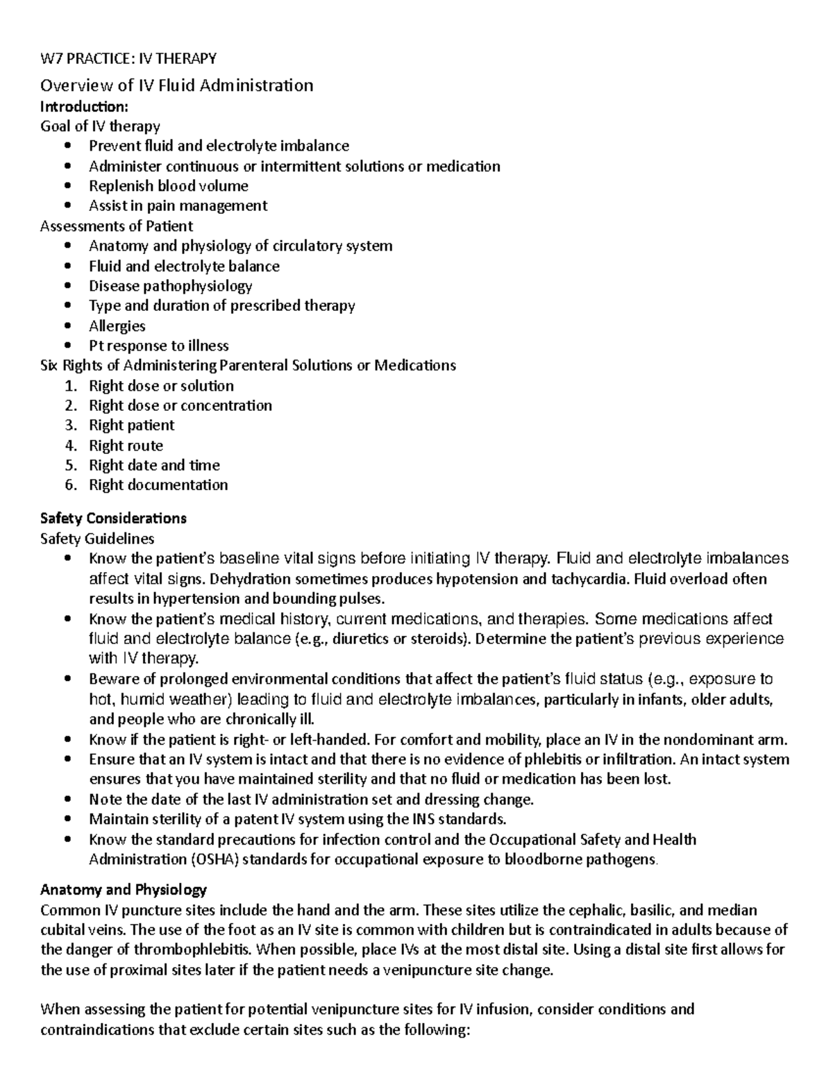 W7-IV Therapy notes + Module notes - W7 PRACTICE: IV THERAPY Overview ...