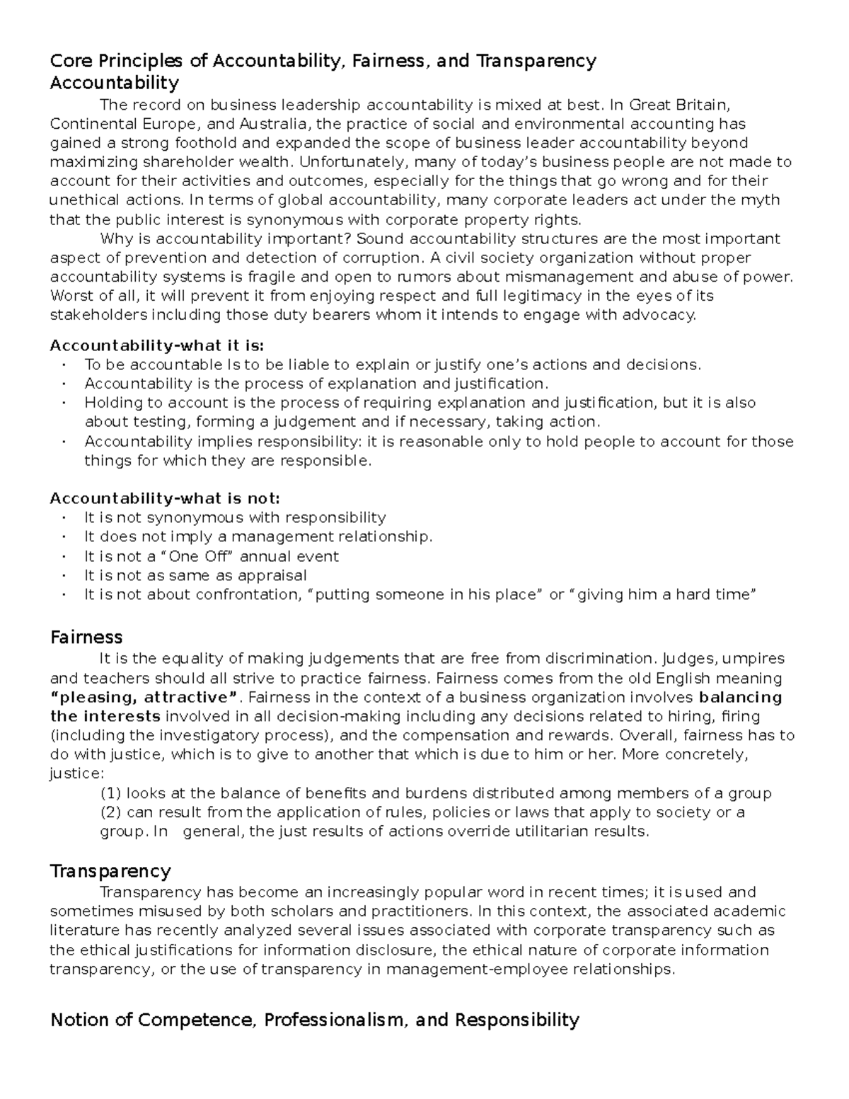 Besrnotes Sept 9 - N/A - Core Principles of Accountability, Fairness ...