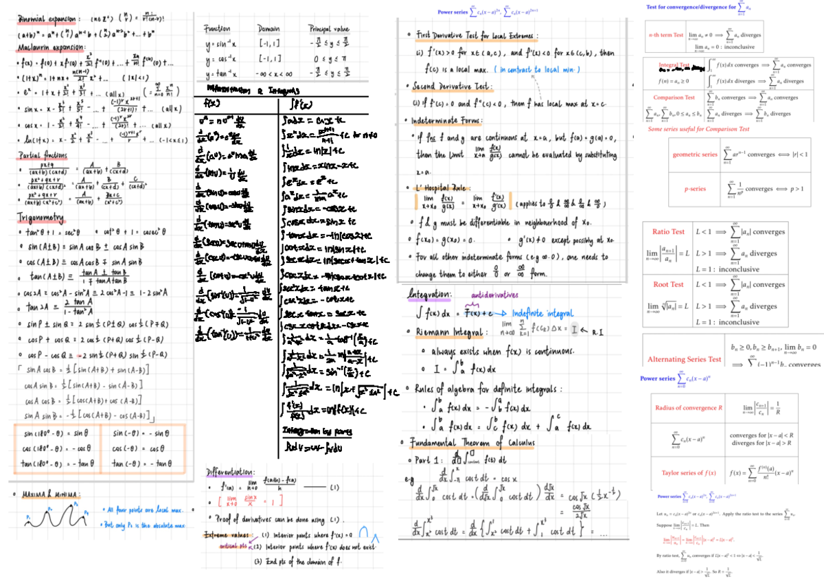 MA1521 Cheatsheet - an = -wo , o diverge Differentiation & Integrals f(x) If(x) - un = nud Jadi ...