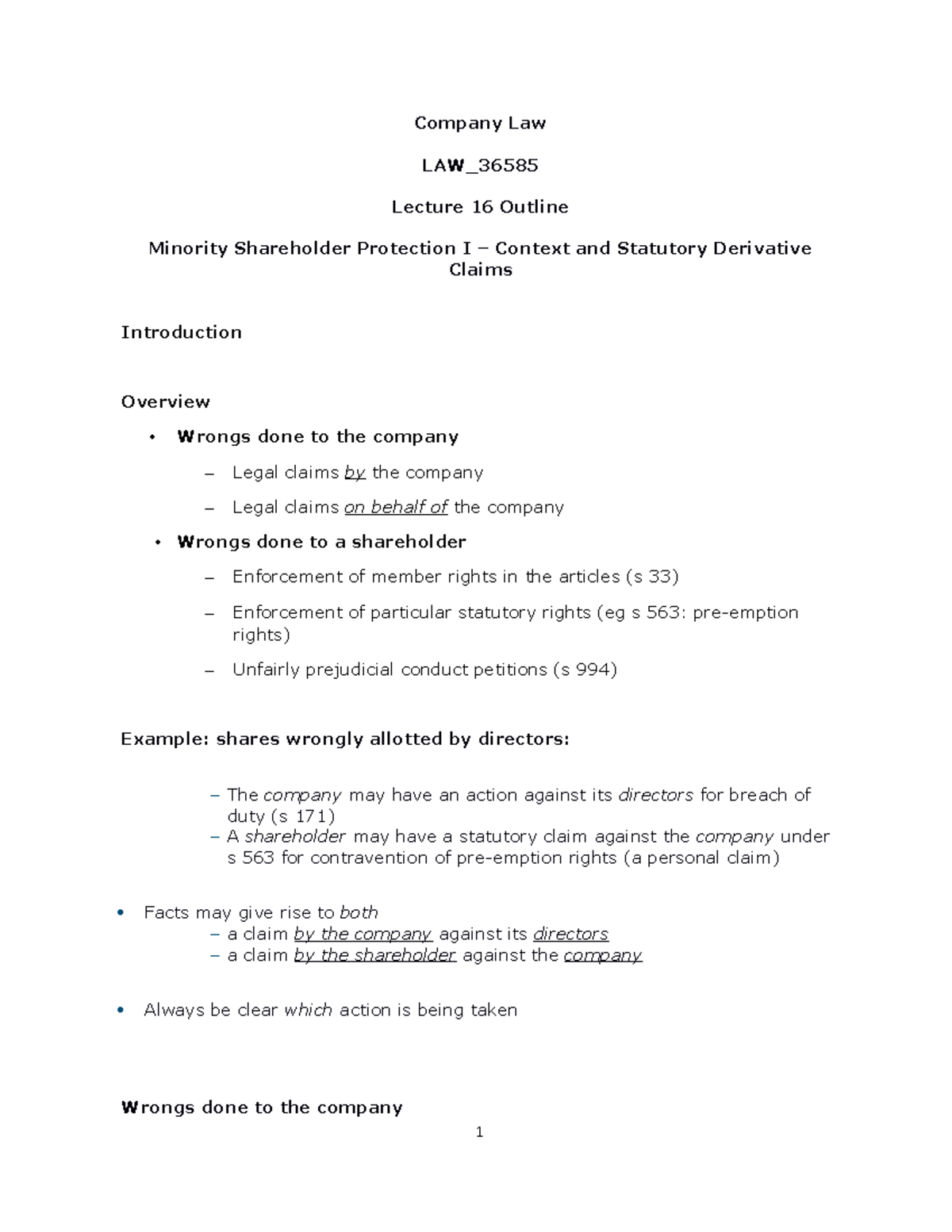 Lecture 16 student outline - Company Law LAW_ Lecture 16 Outline ...