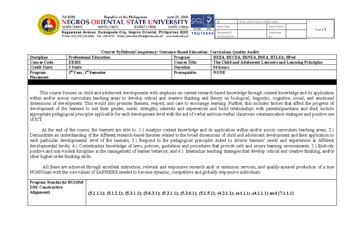 ED 1 0 1 Final Syllabus based on RCTQ CHED - Page | 1 Issue Date Issue ...