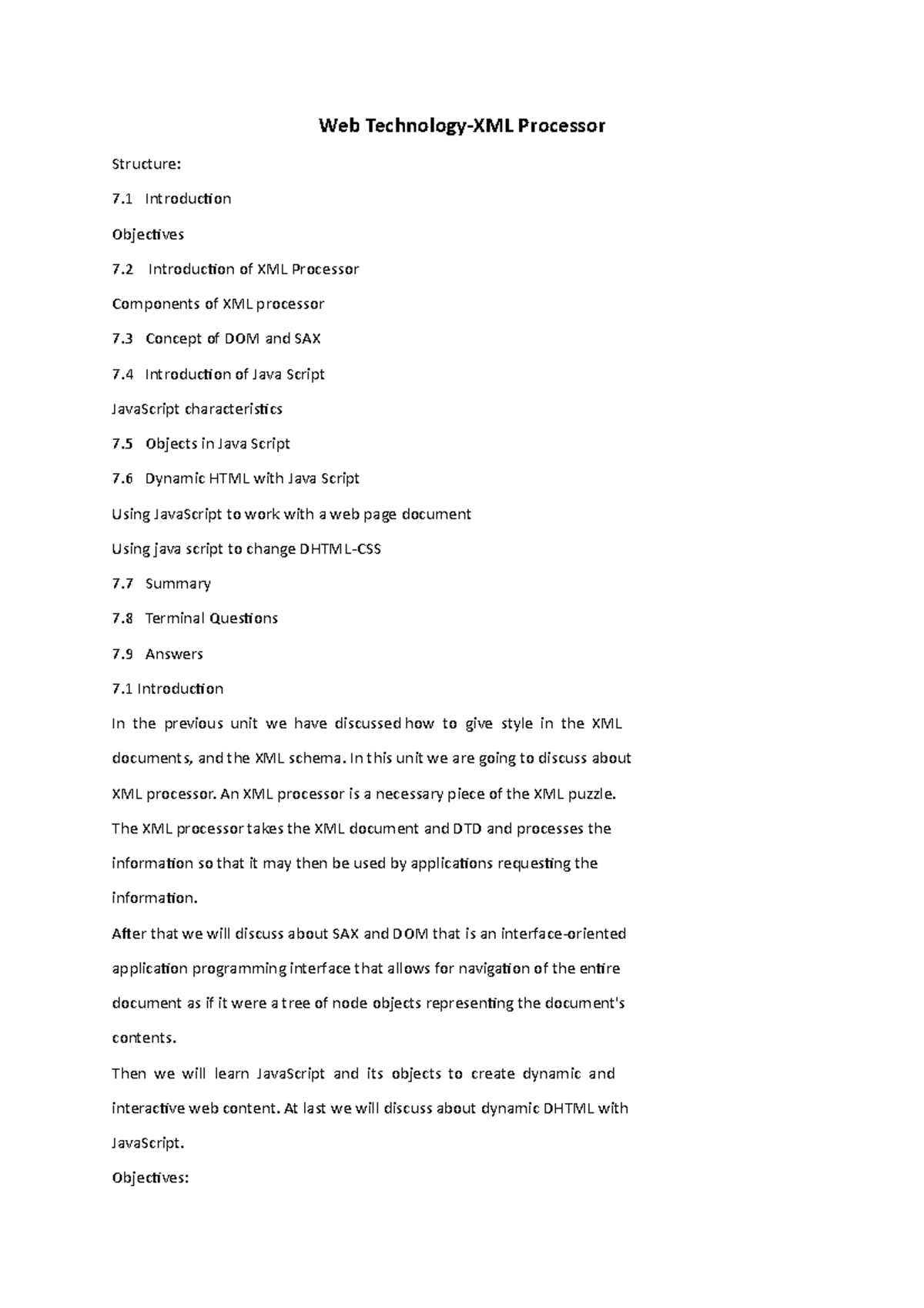 Web Technology-XML Processor - Web Technology-XML Processor Structure: 7 Introduction Objectives ...