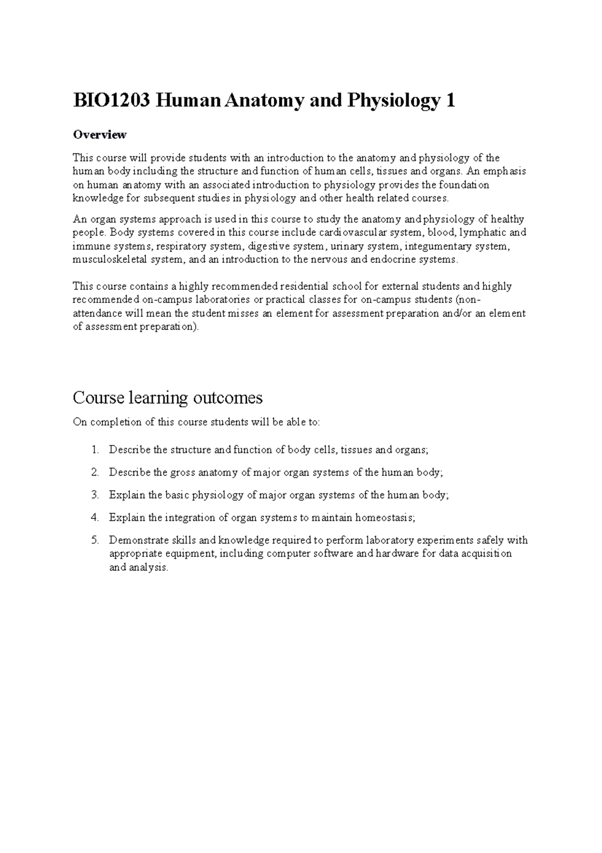 BIO1203 Human Anatomy And Physiology 1 An Emphasis On Human Anatomy