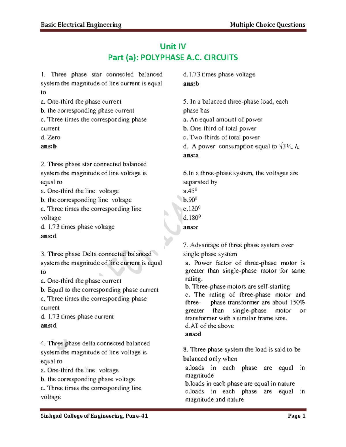 SCOE BEE Unit-4 MCQ-2019 containing - Unit IV Part (a): POLYPHASE A. CIRCUITS Three phase star ...