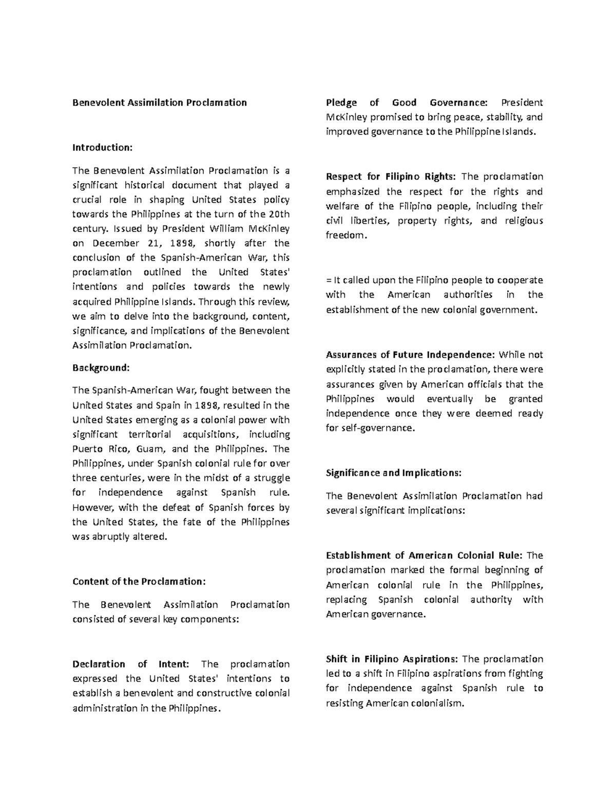 Rph reviewer - Summary Readings in Philippine History - Benevolent ...