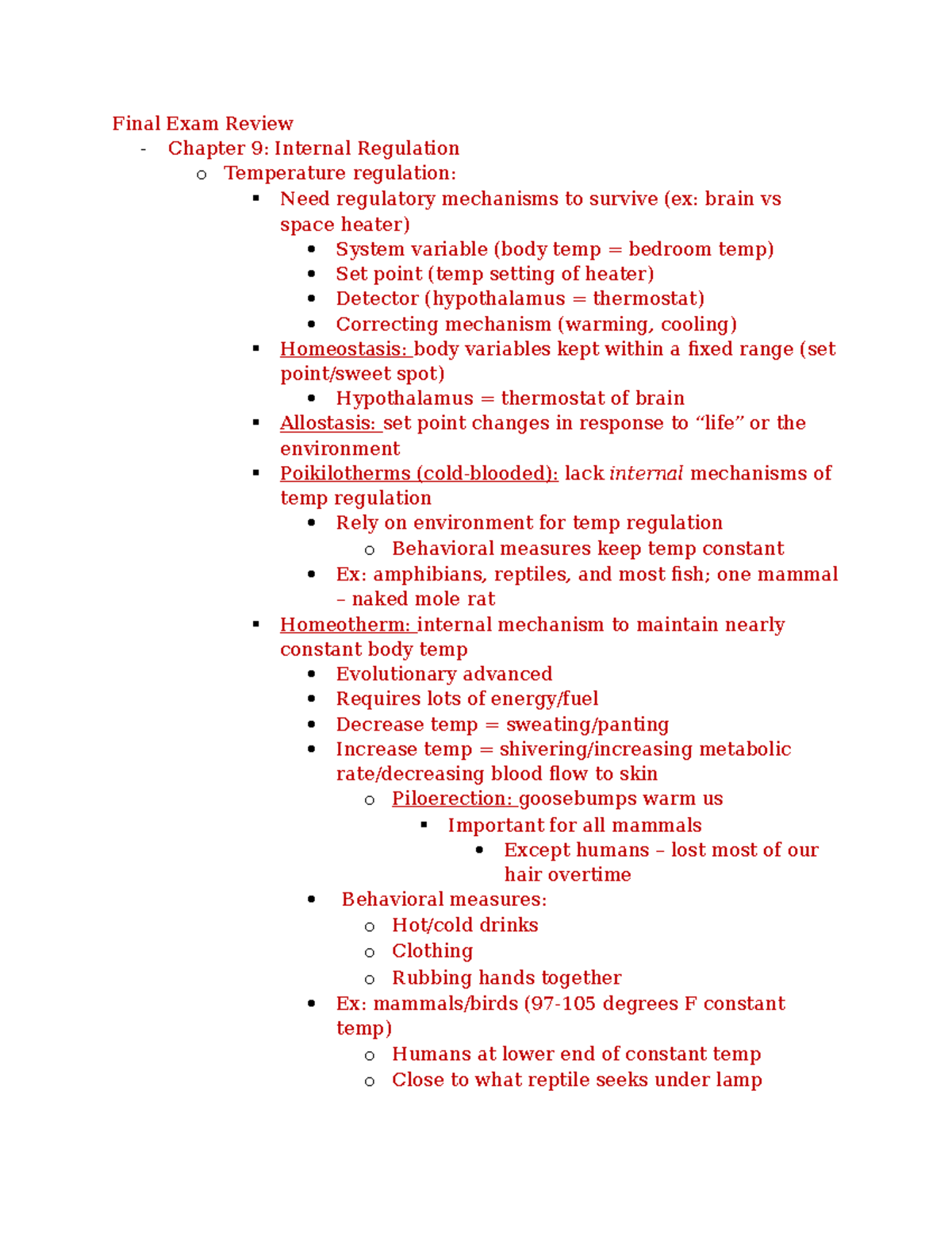 Final Exam Review bio haileys - Final Exam Review - Chapter 9: Internal ...