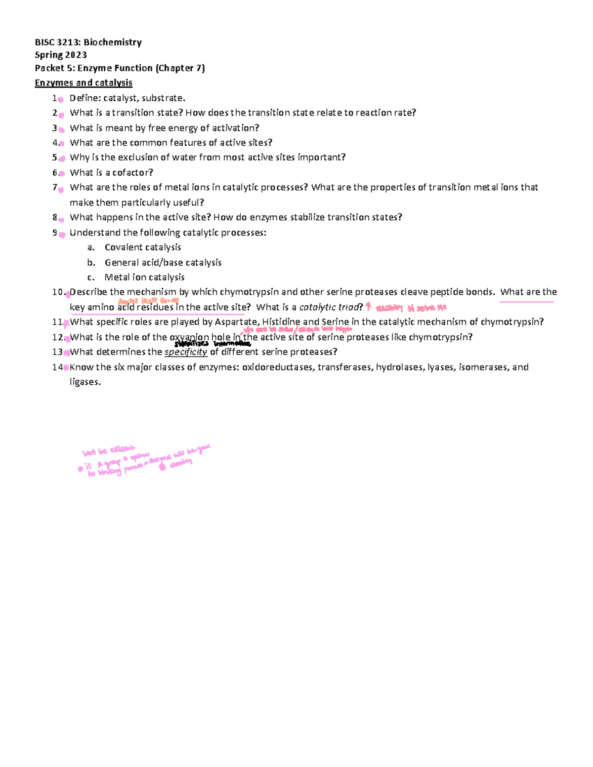 Packet 5. Enzyme function - BISC 3213: Biochemistry Spring 2023 Packet ...