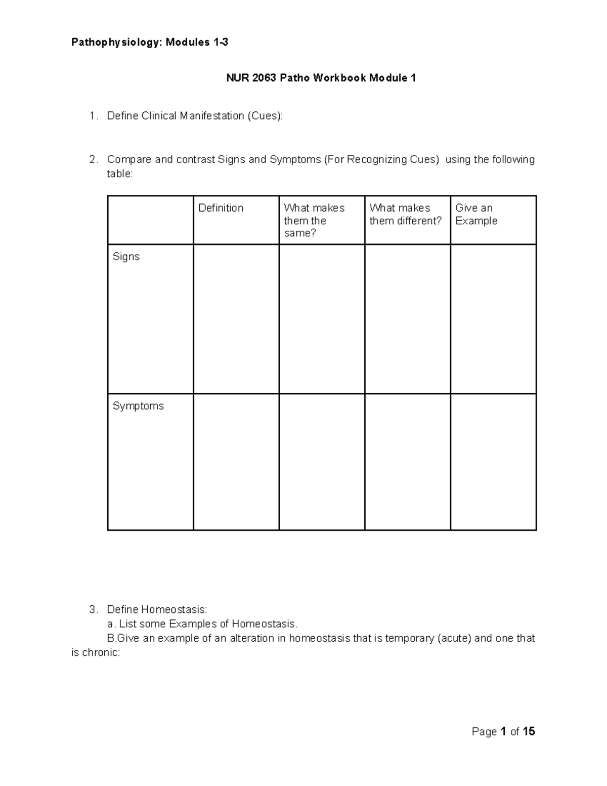 Patho Workbook Module 1 - Define Clinical Manifestation (Cues): 2 ...