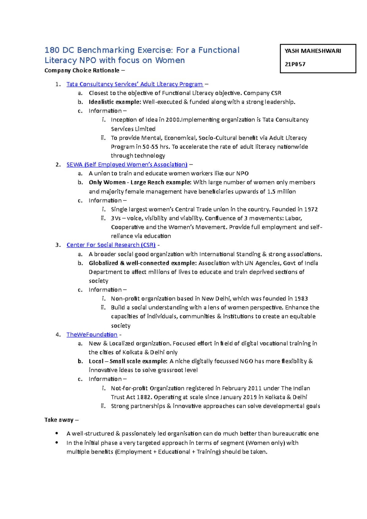 21P057 Yash Maheshwari Summary - 180 DC Benchmarking Exercise: For a ...