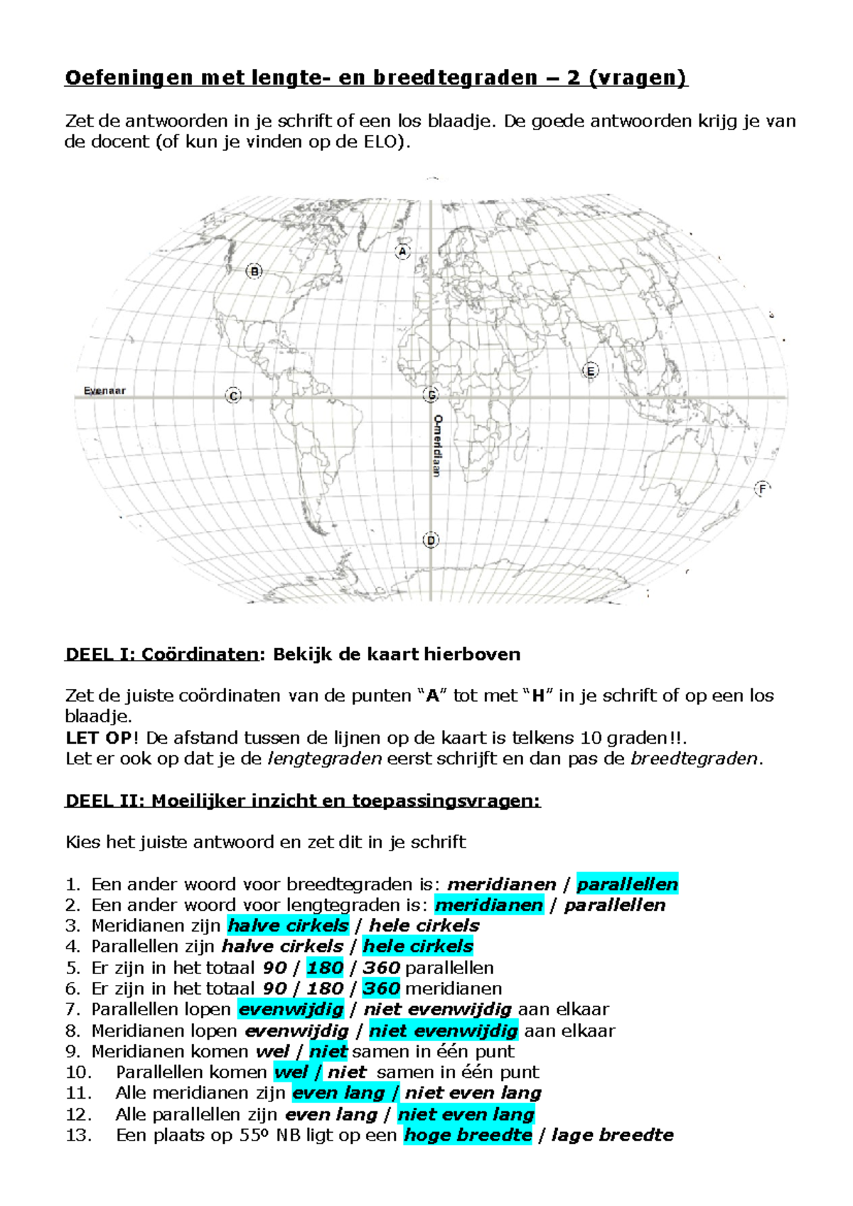 Oefening - Lengte en breedtegraden - 2 ( Vragen) - Oefeningen met ...