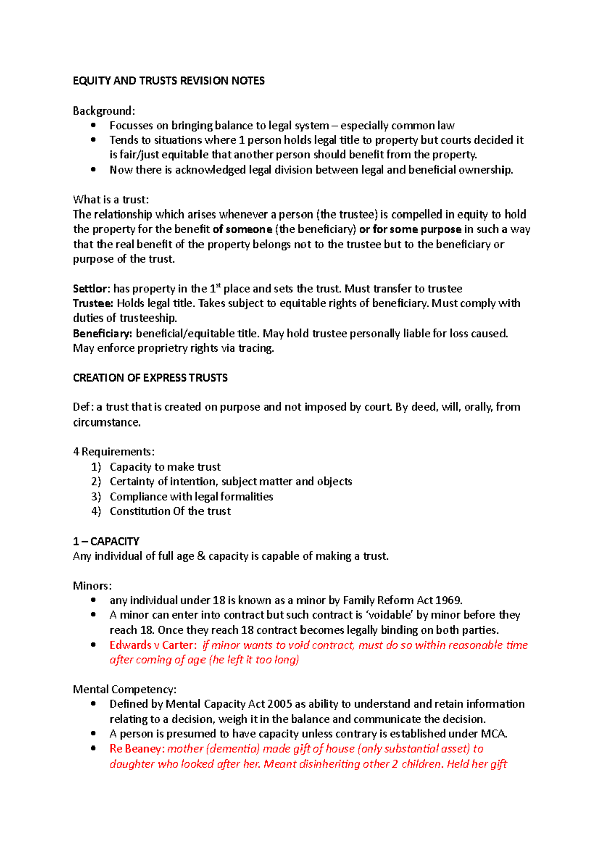 Equity AND Trusts Revision Notes - EQUITY AND TRUSTS REVISION NOTES ...