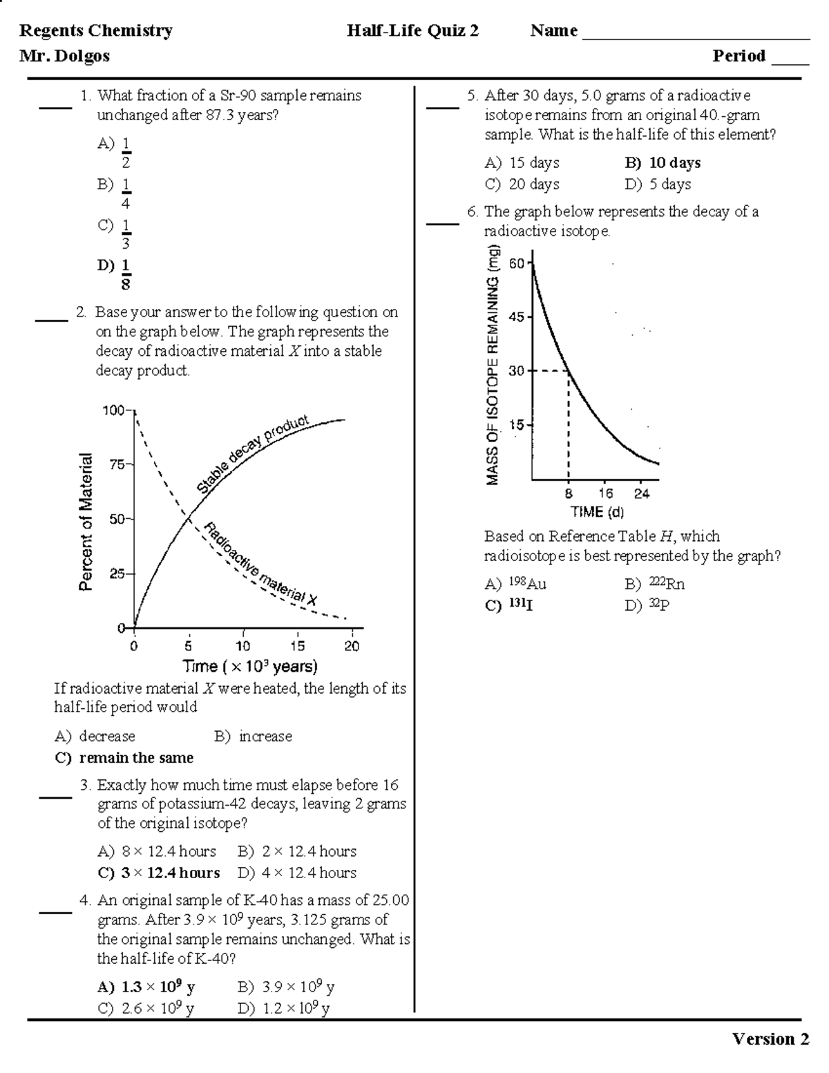 Quiz - half-life 2 T2 - Practice test - Regents Chemistry Half-Life ...