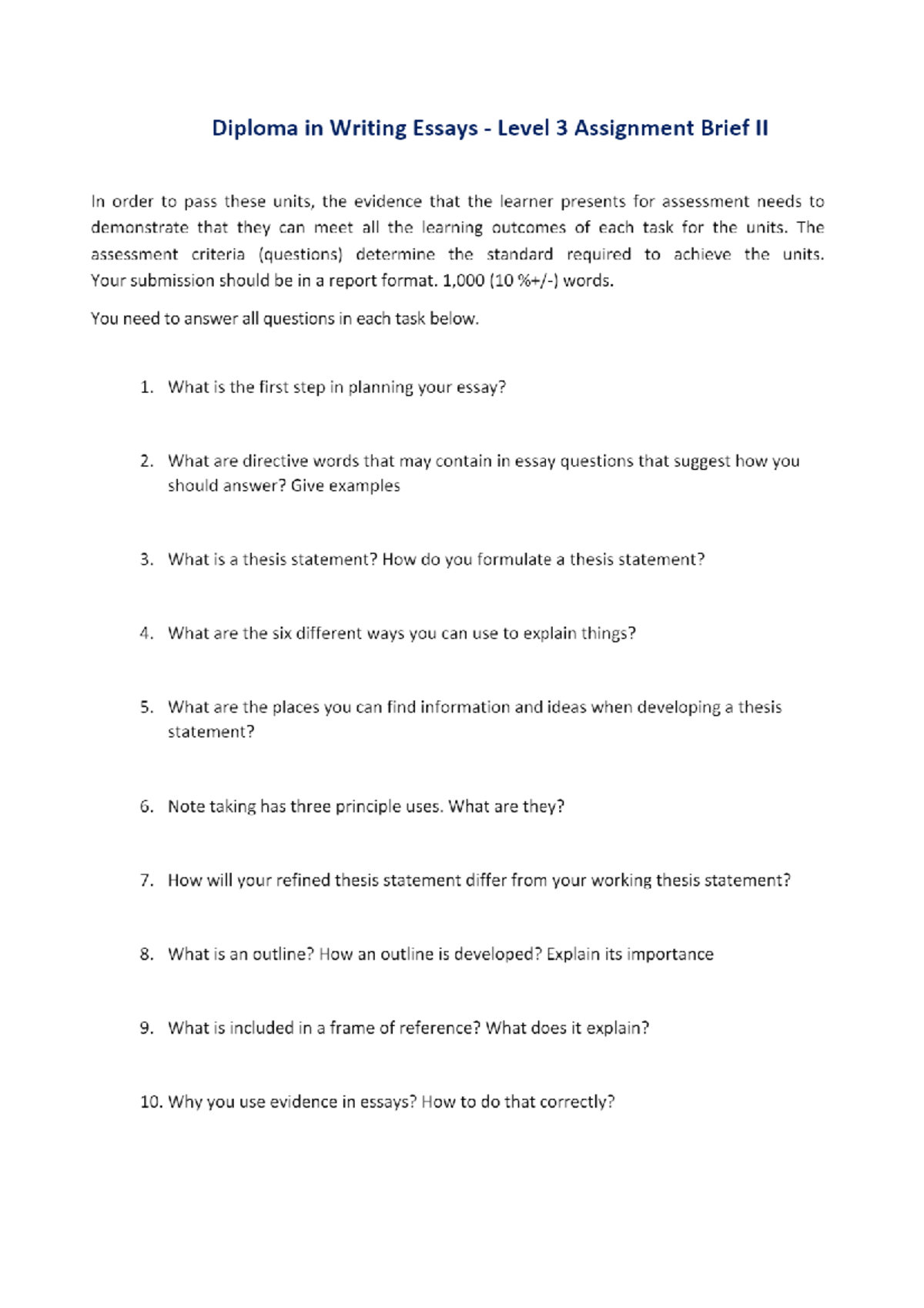 Diploma in Writing Essays Level 3 Assignment Brief II - English - Studocu