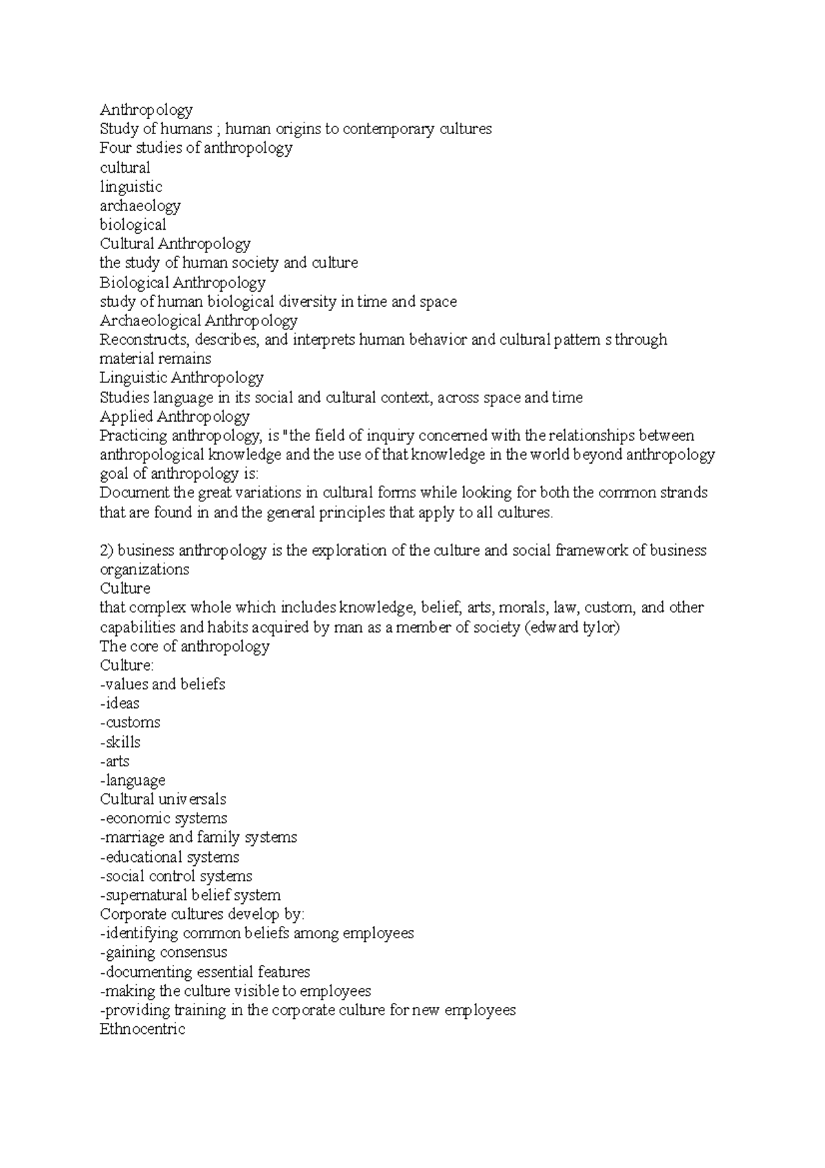 Basic - notes - Anthropology Study of humans ; human origins to ...