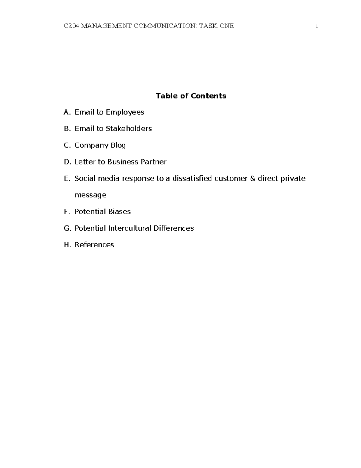 BKM3 TASK 1 wgu - Table of Contents A. Email to Employees B. Email to ...