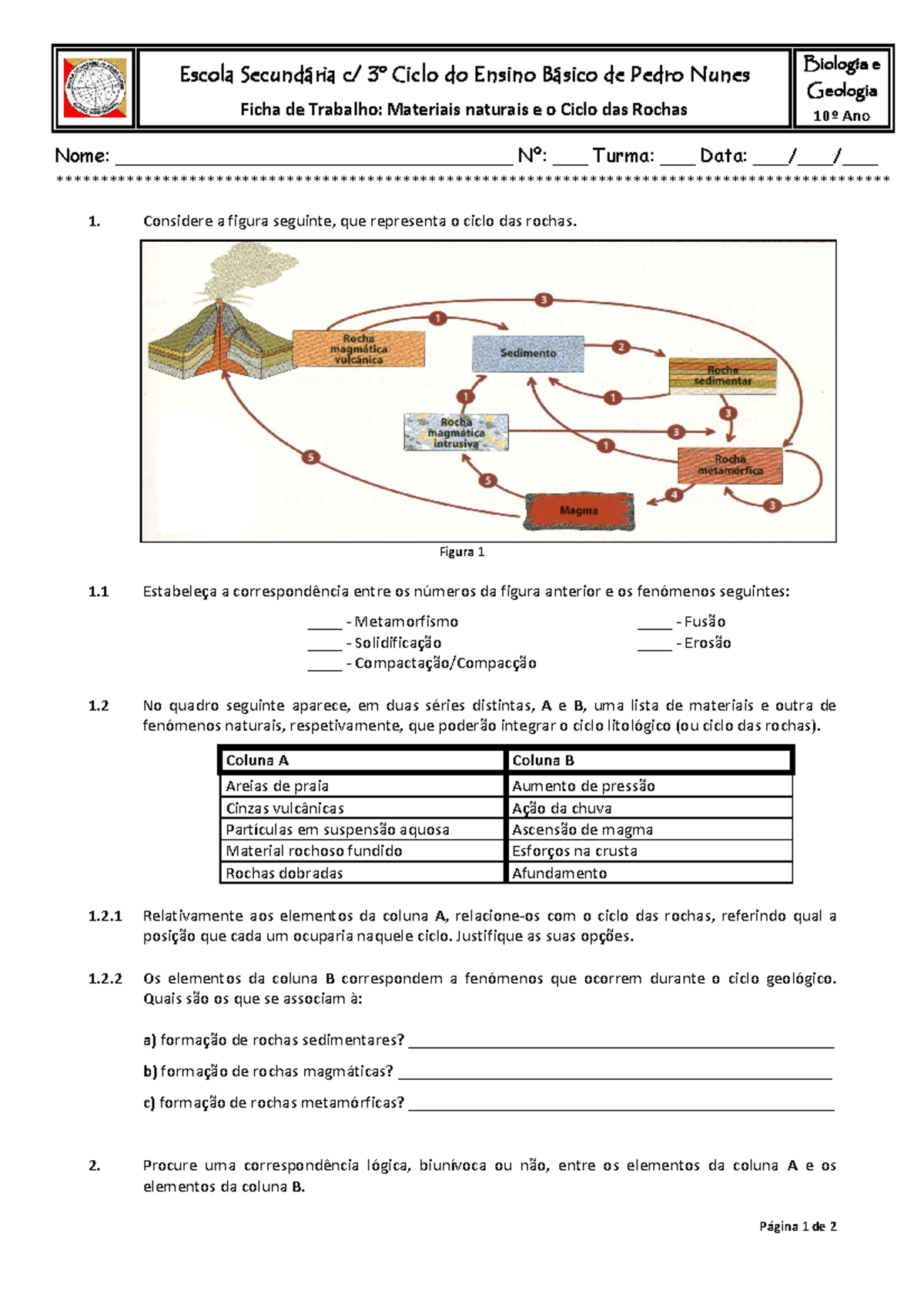 FT - Ciclo das Rochas - Ficha de Trabalho com Soluções - Escola ...