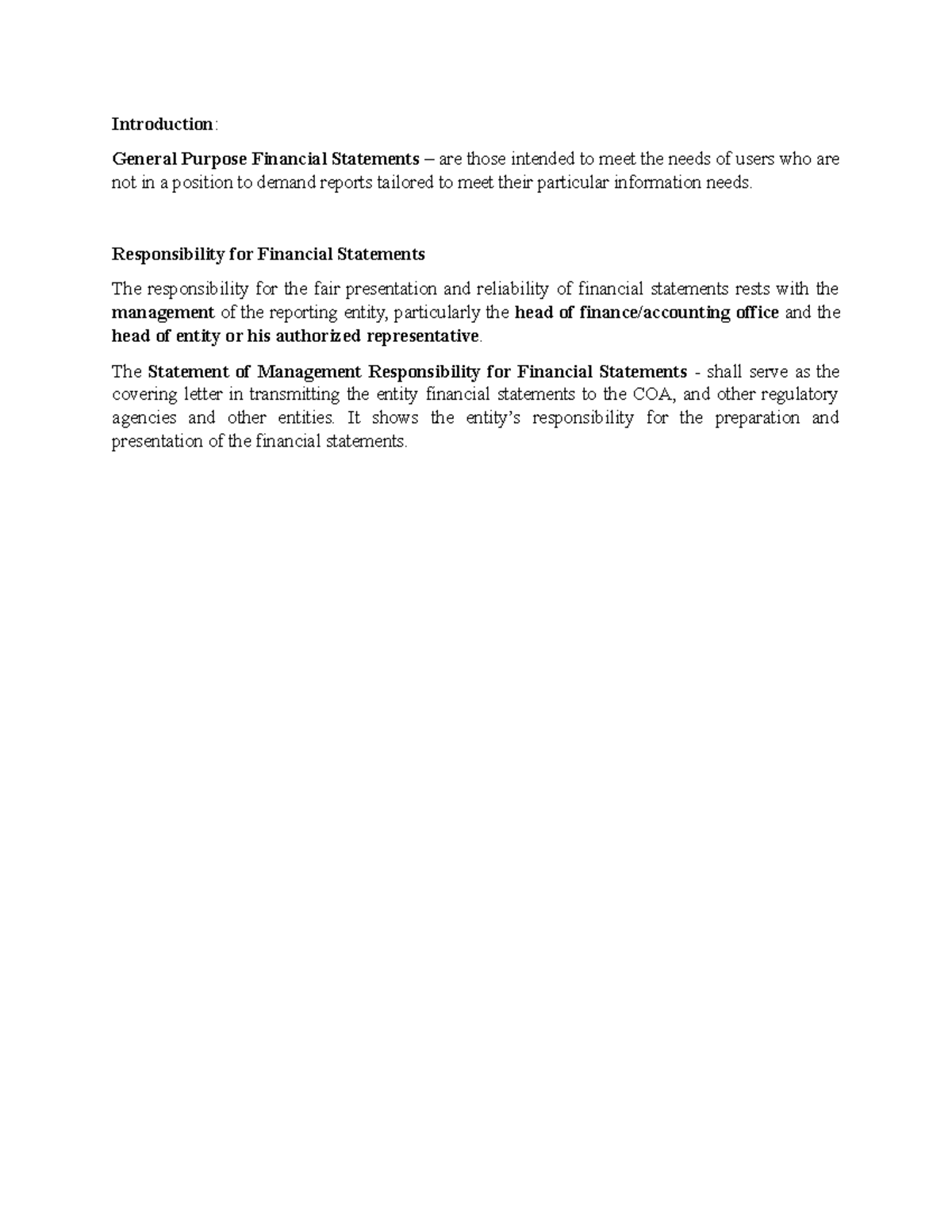 General Purpose FInancial Statements - Responsibility for Financial ...