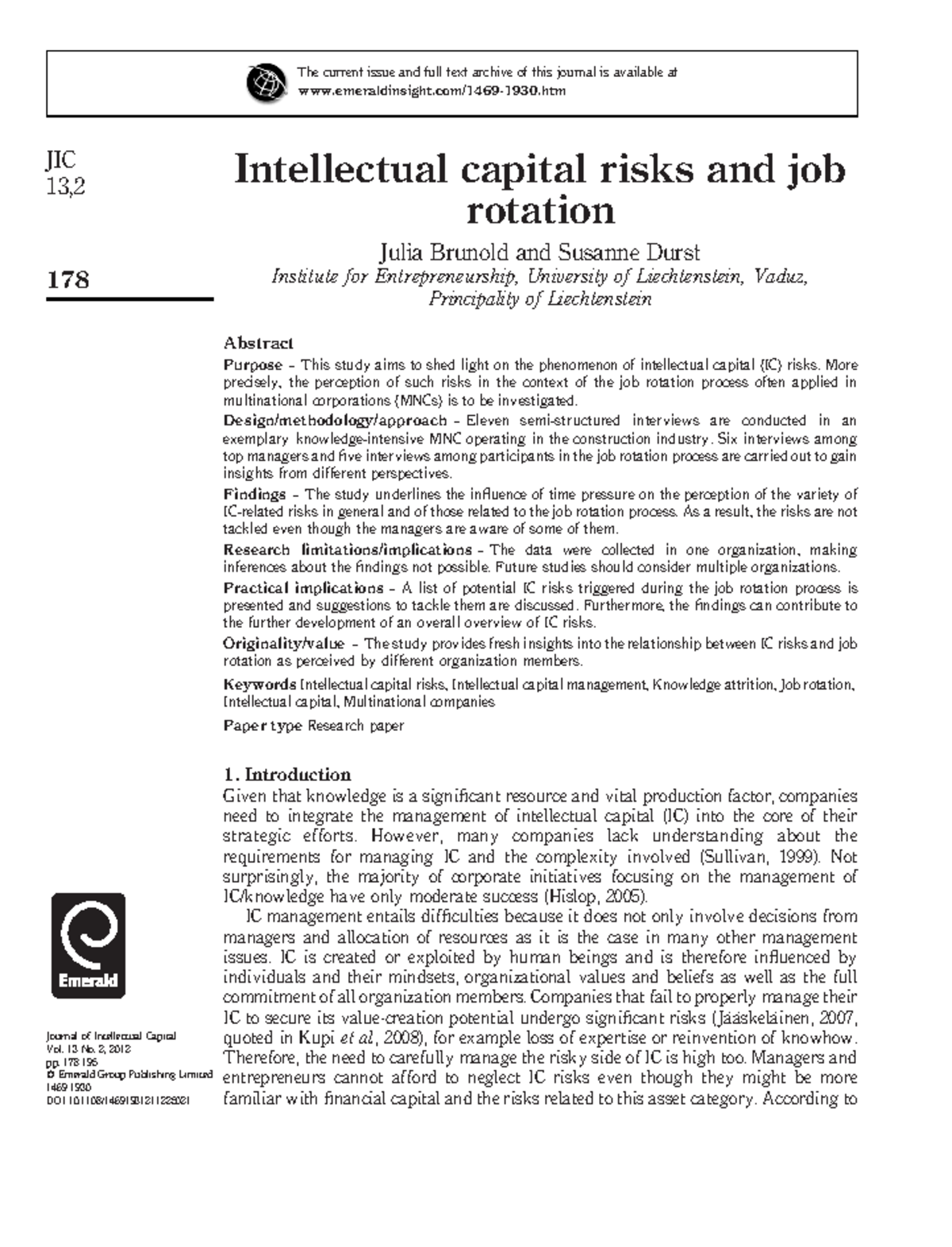 Intellectual capital risks and job - Intellectual capital risks and job ...