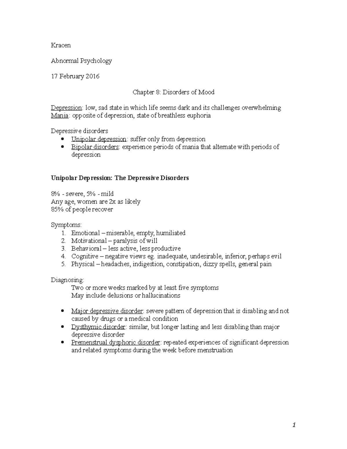 Ch 8 Disorders of Mood - Lecture notes Chapter 8 - Kracen Abnormal ...
