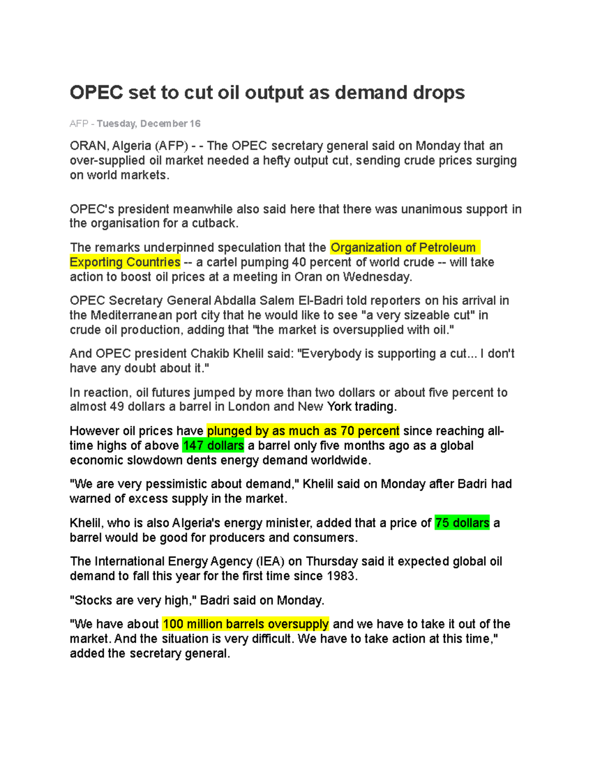 Article OPEC set to cut oil output as demand drops - OPEC set to cut ...