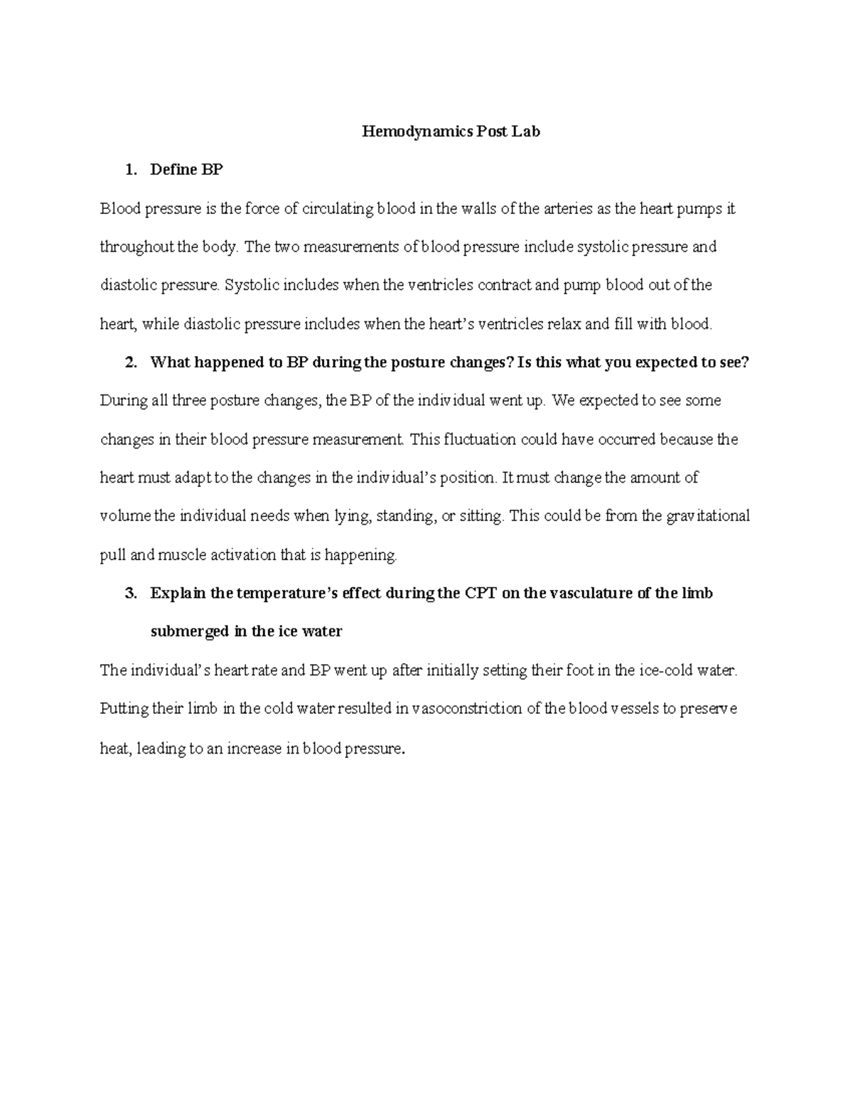 Hemodynamics Lab - Hemodynamics Post Lab Define BP Blood pressure is ...