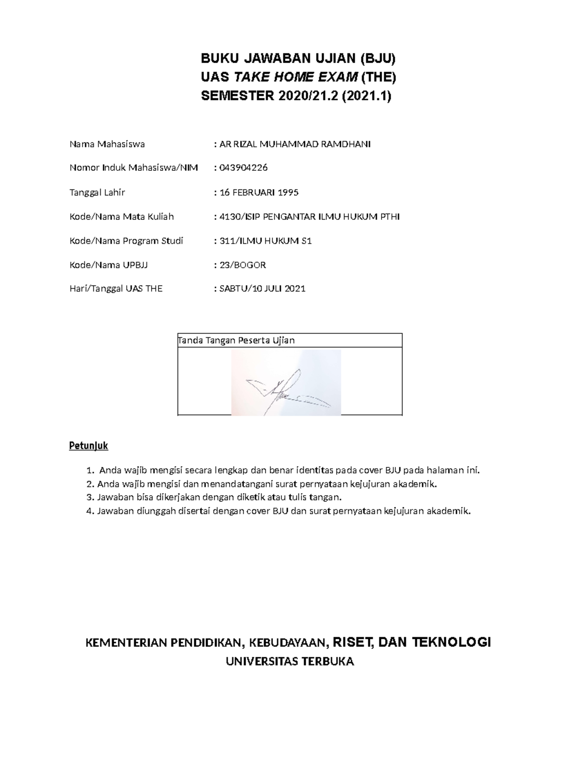 BJU 043904226 PTHI - bagsu - Tanda Tangan Peserta Ujian BUKU JAWABAN UJIAN (BJU) UAS TAKE HOME ...