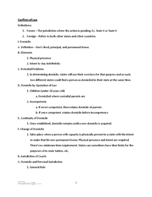 Conflict OF LAWS Outline - 1 CONFLICTS OF LAW I. INTRODUCTION: Conflict ...